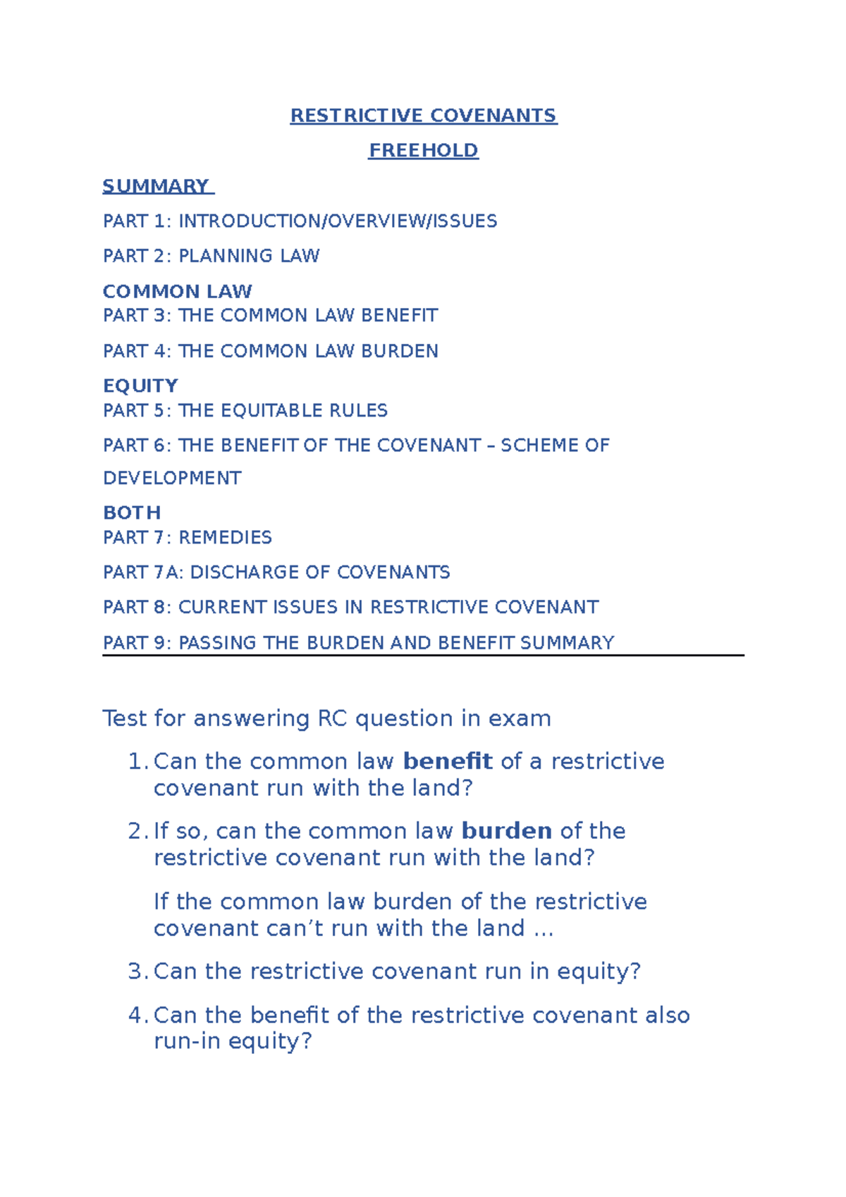 Final Exam Notes: RESTRICTIVE COVENANTS - LAW 310 - Studocu