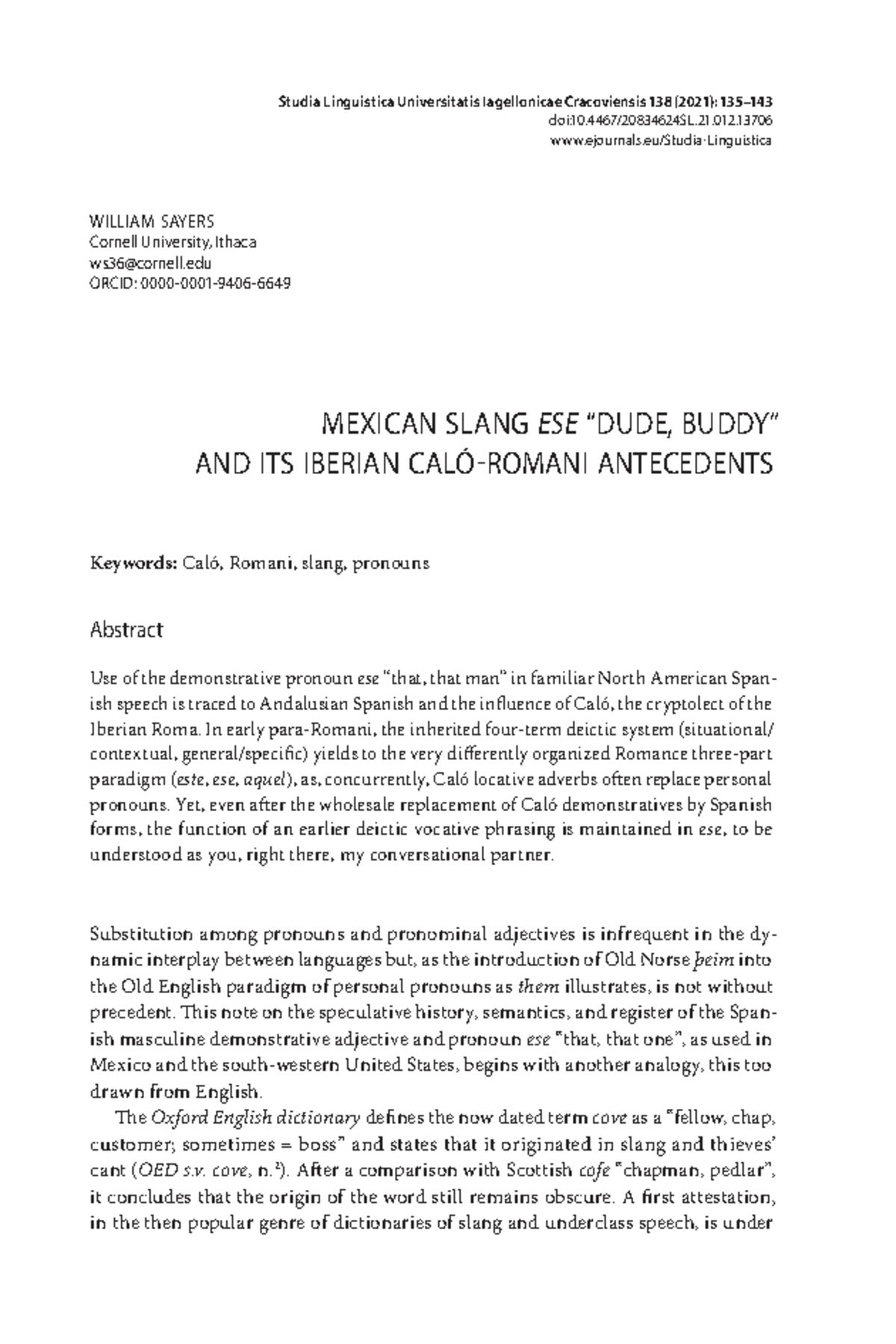 Mexican Slang "Ese" and Its Iberian Antecedents - Studia Linguistica ...