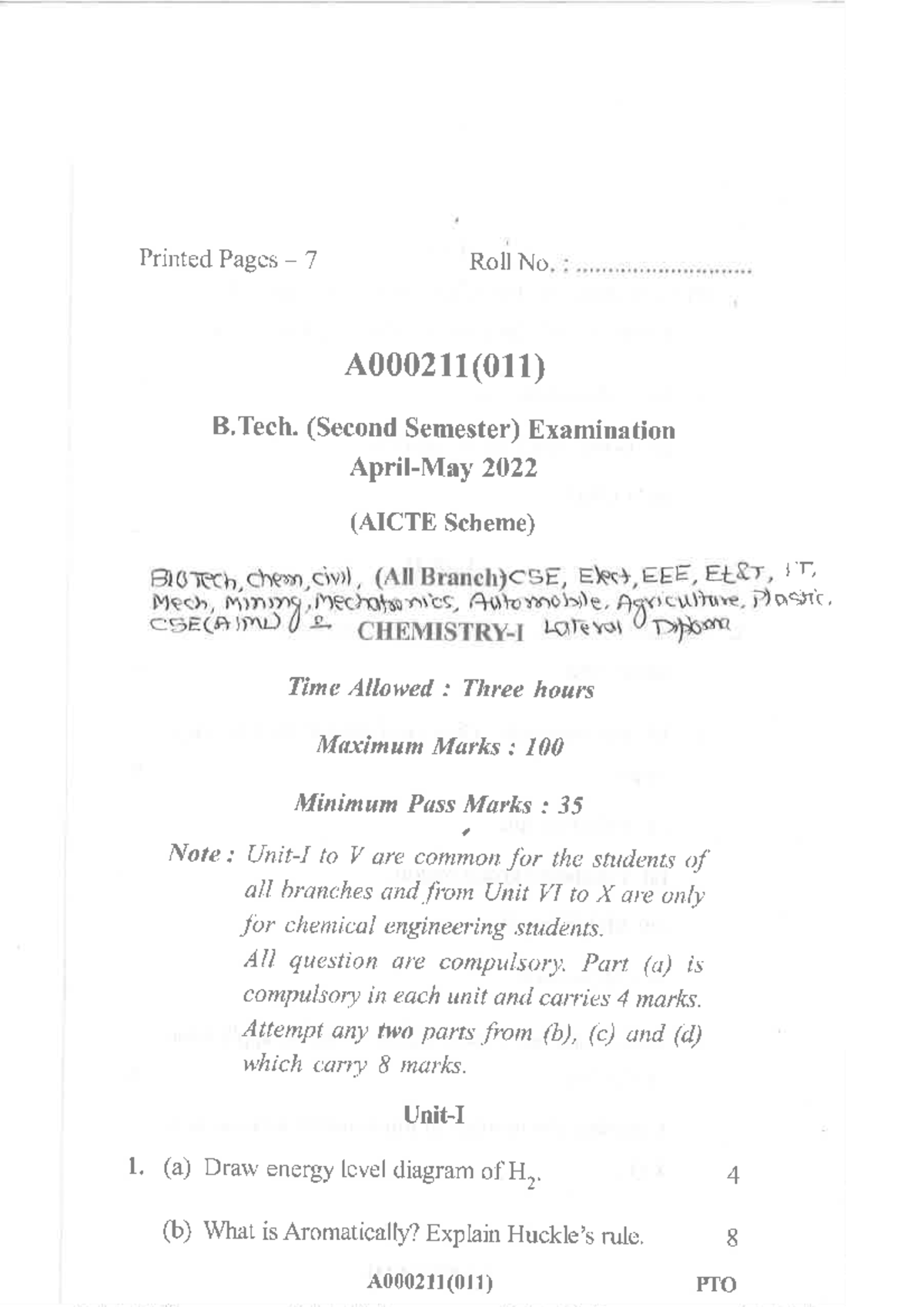 B. Tech. (Sem 2) 2022 Chemistry I Exam Paper - AICTE Scheme - Studocu