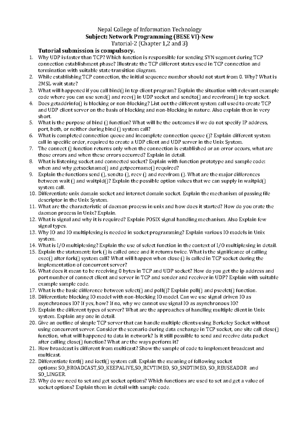 Network Programming (BESE) Assignment 2: Key Concepts & Functions - Studocu