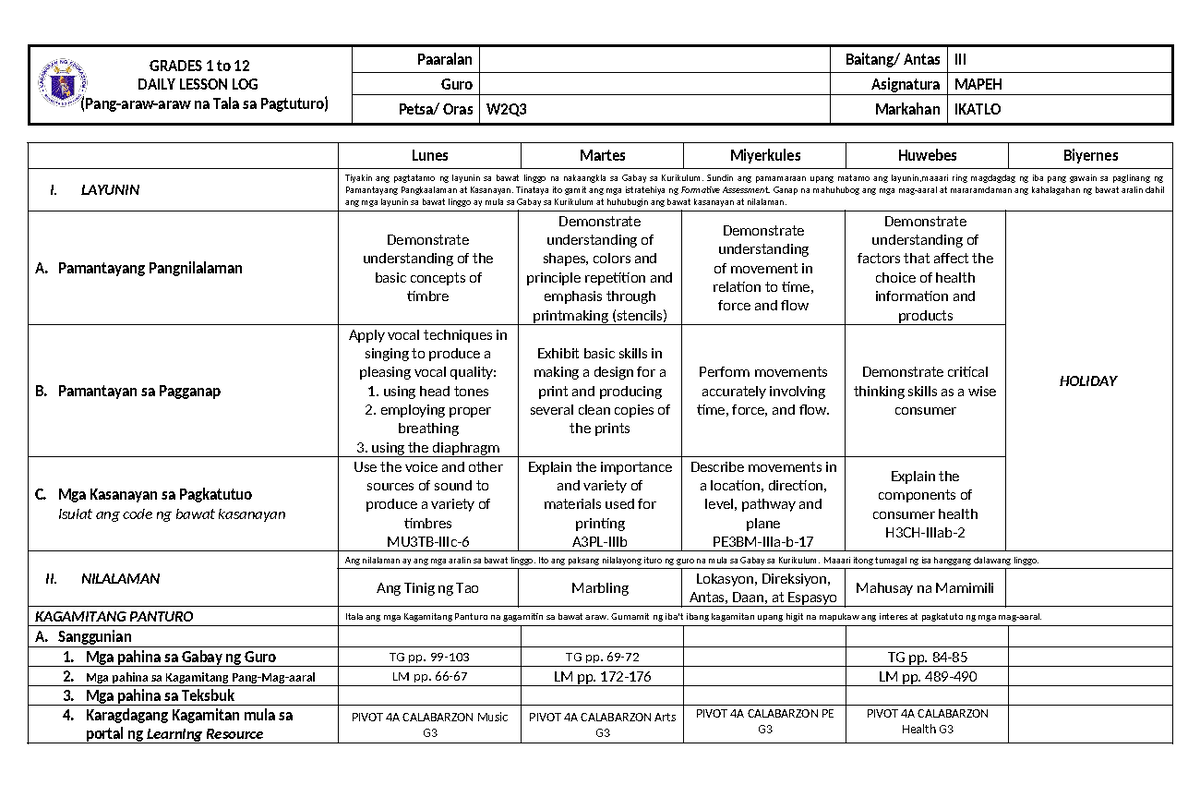 PIVOT 4A CALABARZON MAPEH G3 Daily Lesson Log W2Q3 - Studocu