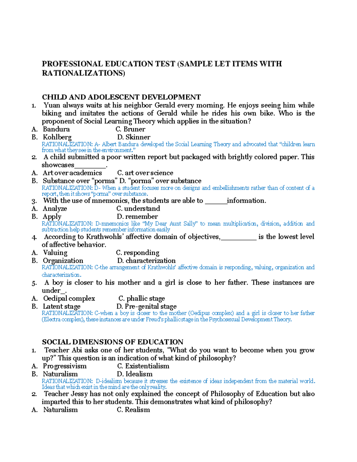 Professional Education Test: Sample LET Items & Rationalizations - Studocu