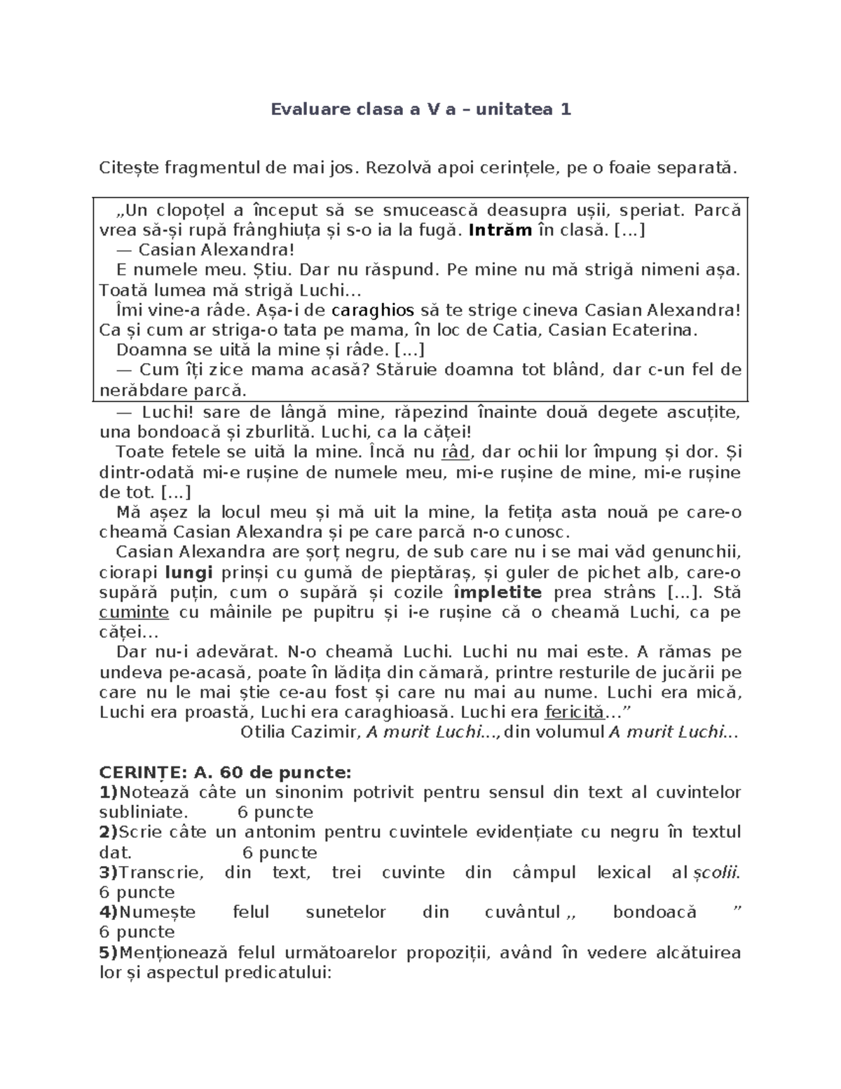 Evaluare Clasa a V-a - Unitatea 1: Cerințe și Activități - Studocu