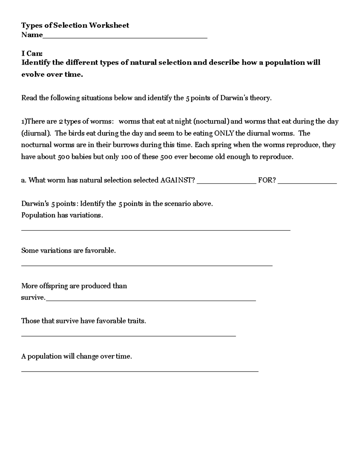 AP Bio Types of Natural Selection Worksheet - Studocu