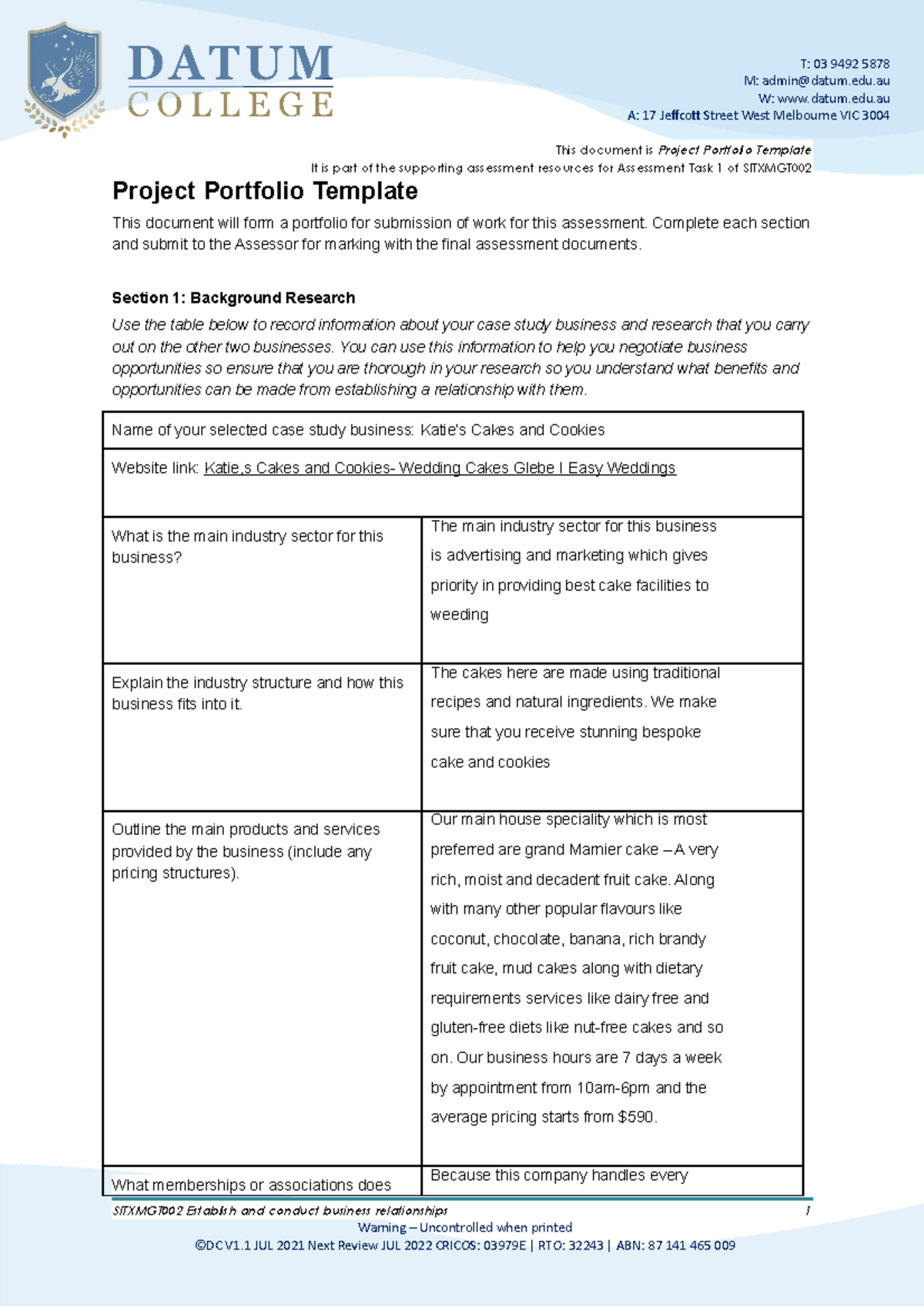 SITXMGT002 Project Portfolio Template for Assessment Task 1 - Studocu