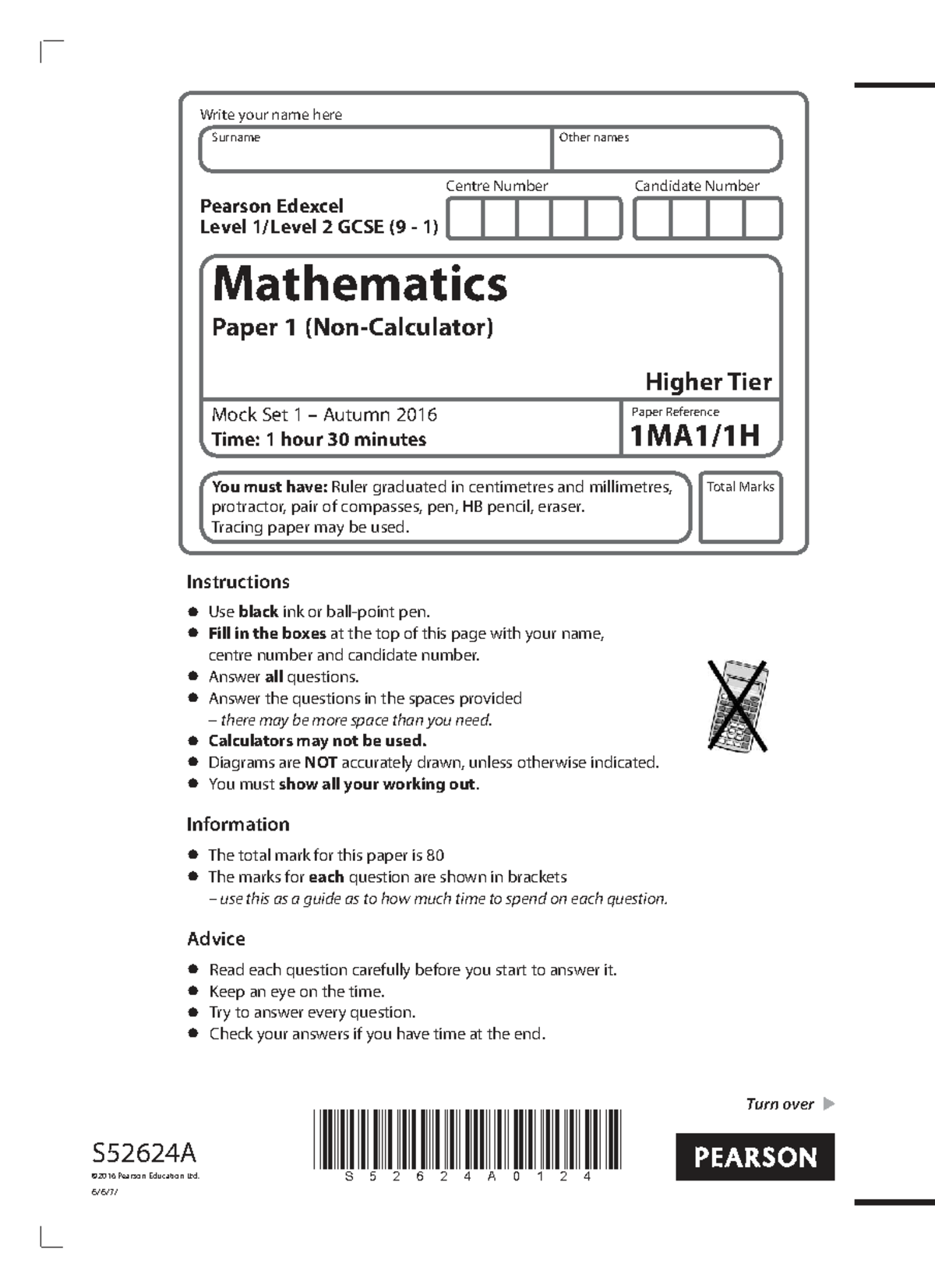 GCSE Mathematics 1H Mock Exam Paper - Higher Tier Autumn 2016 - Studocu
