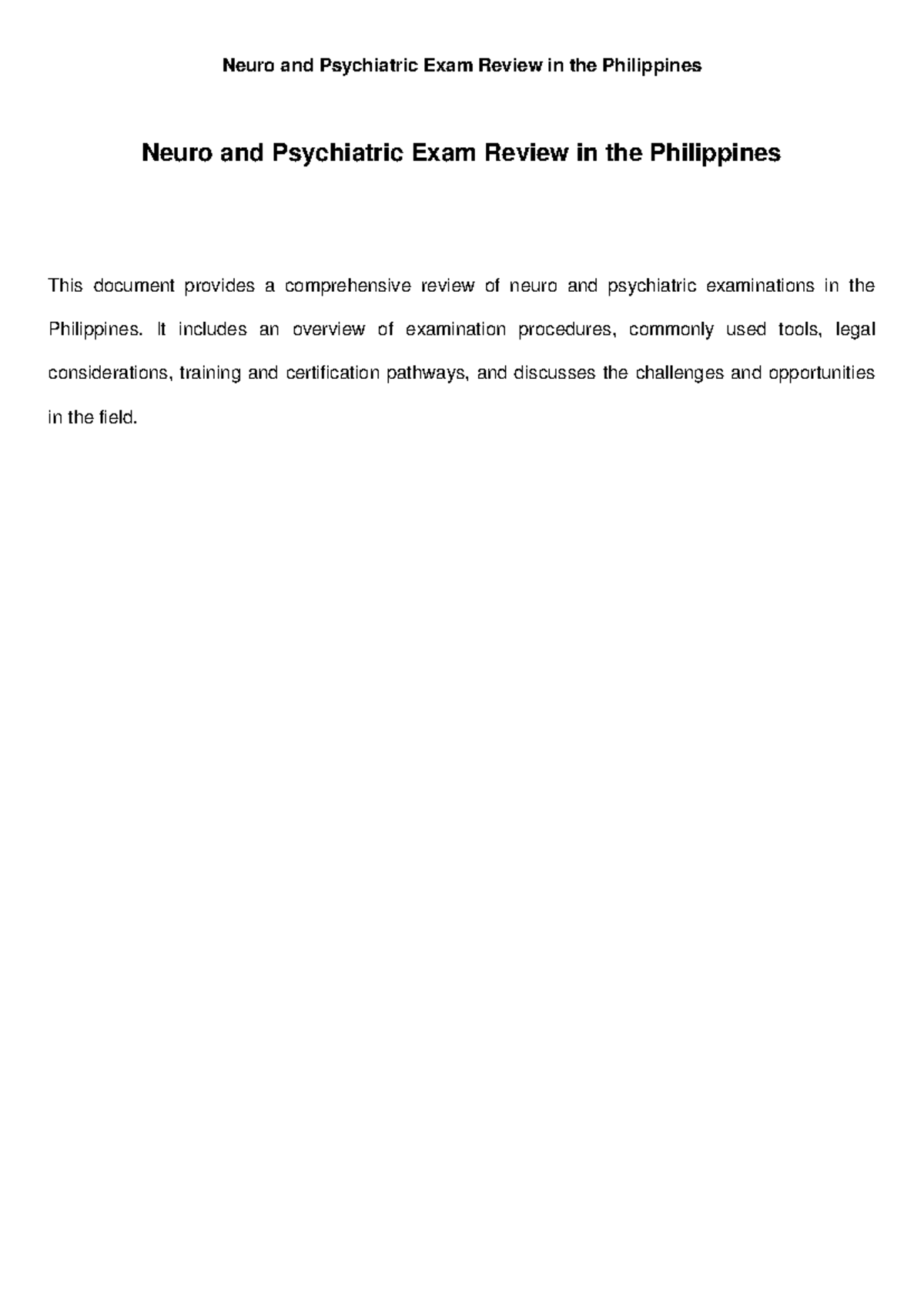 Philippines Neuro & Psychiatric Exam Review: Procedures & Tools - Studocu