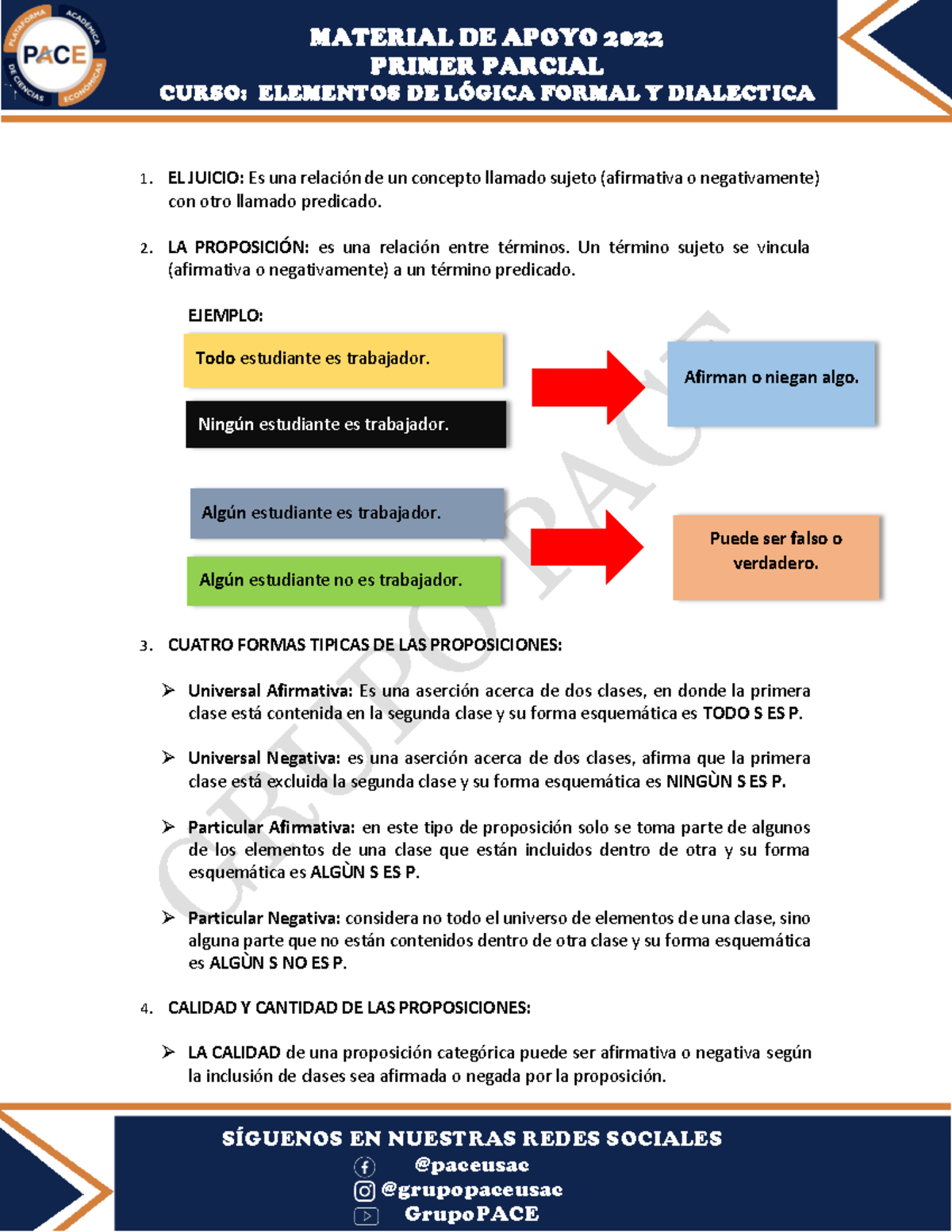 Lógica Segundo Parcial - PRIMER PARCIAL CURSO: ELEMENTOS DE L”GICA FORMAL Y DIALECTICA SÕGUENOS ...