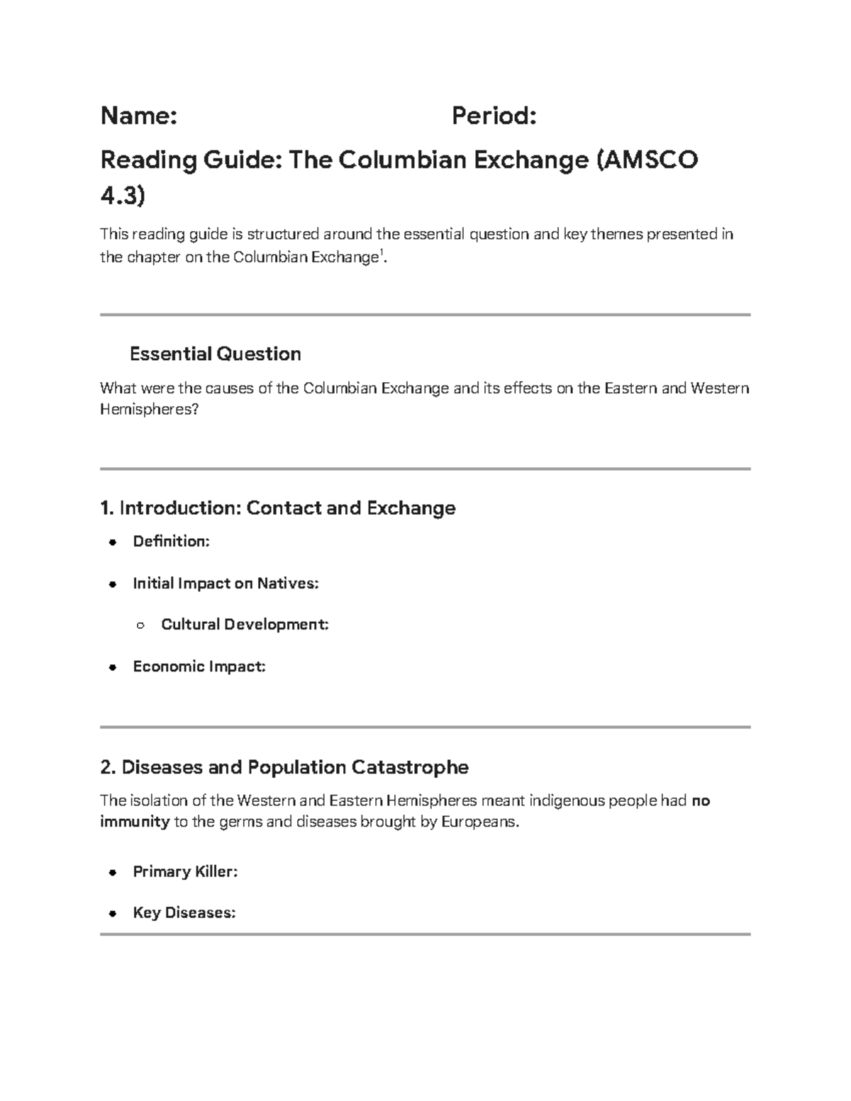 4.3 Reading Guide: The Columbian Exchange Overview and Impact - Studocu