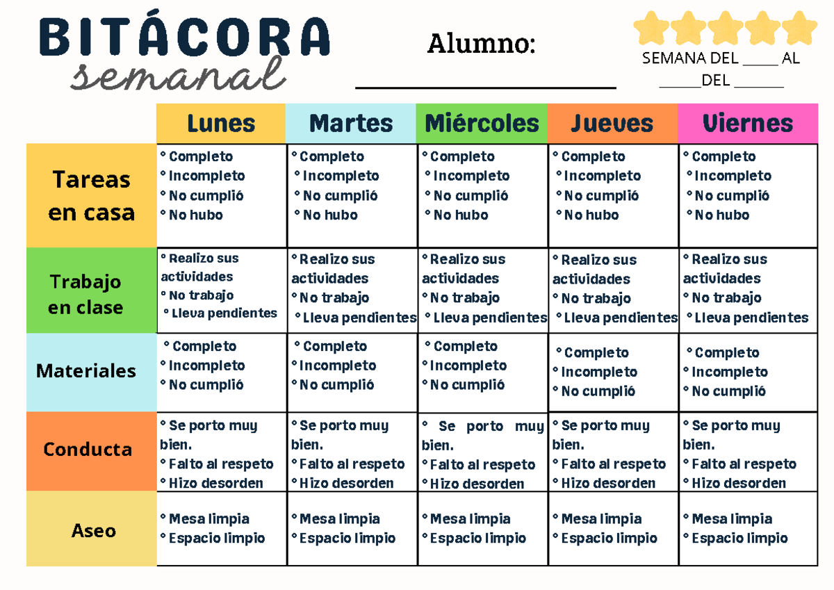 Bitácora Semanal del Alumno: Registro de Actividades y Conducta - Studocu