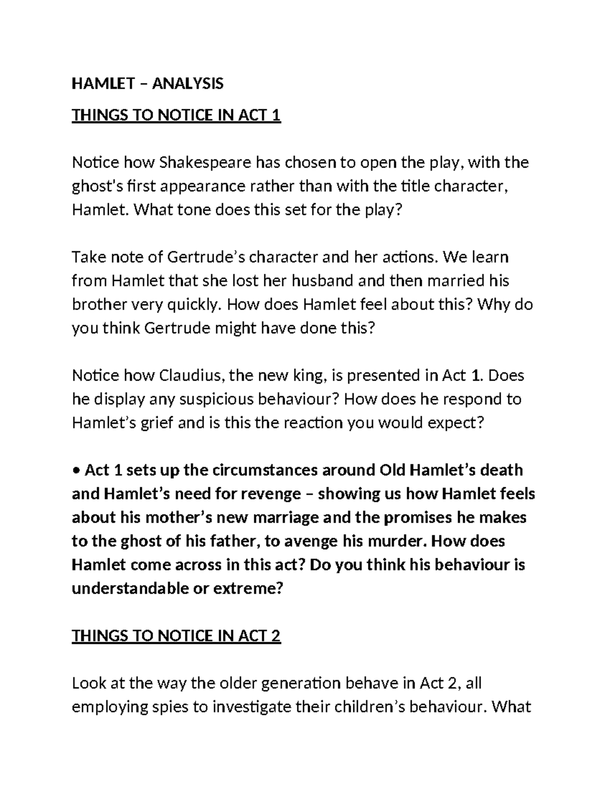 Hamlet – Analysis - HAMLET – ANALYSIS THINGS TO NOTICE IN ACT 1 Notice ...