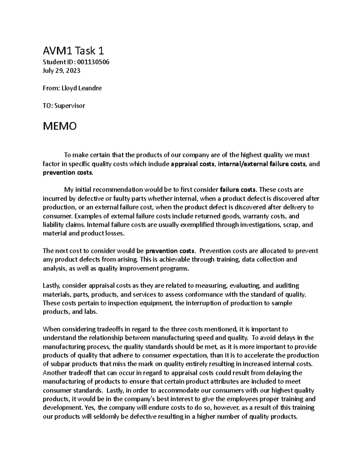 AVM1 Task 1 - Memo on Quality Cost Considerations and Recommendations ...