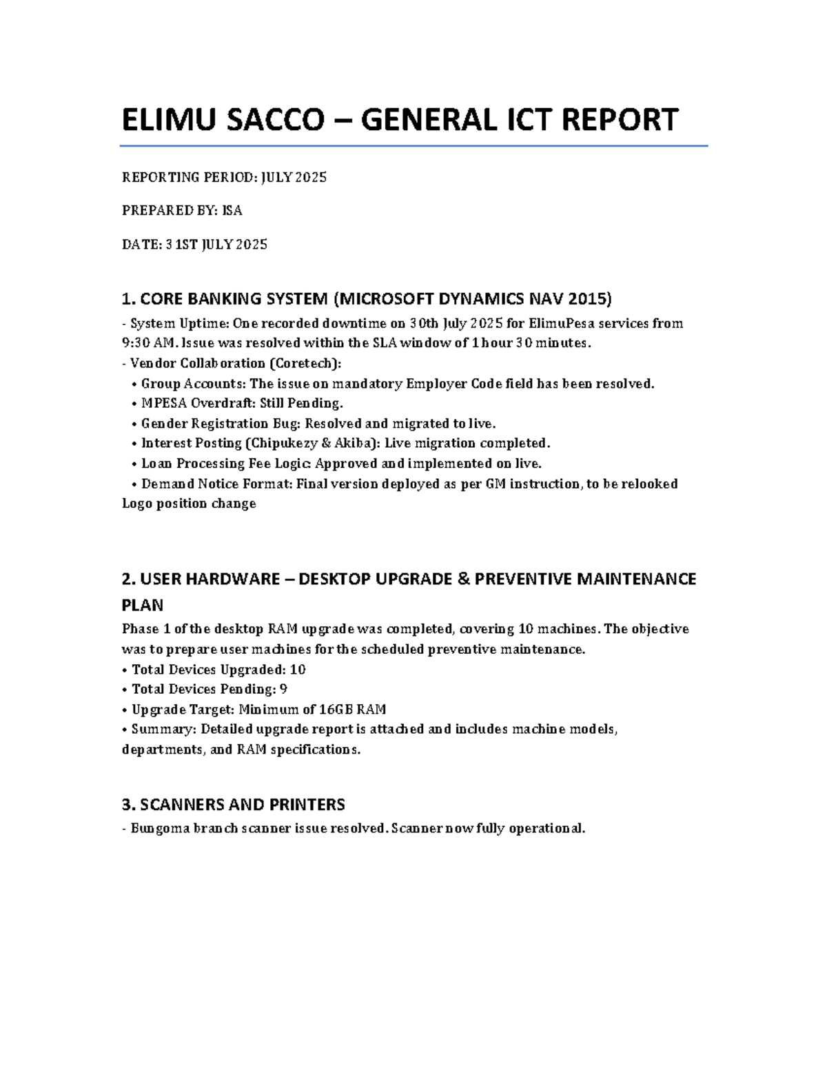 ELIMU SACCO ICT Report - July 2025 Analysis & Updates - Studocu