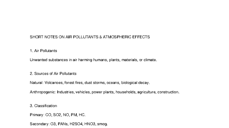 Air Pollution Short Notes - SHORT NOTES ON AIR POLLUTANTS & ATMOSPHERIC ...