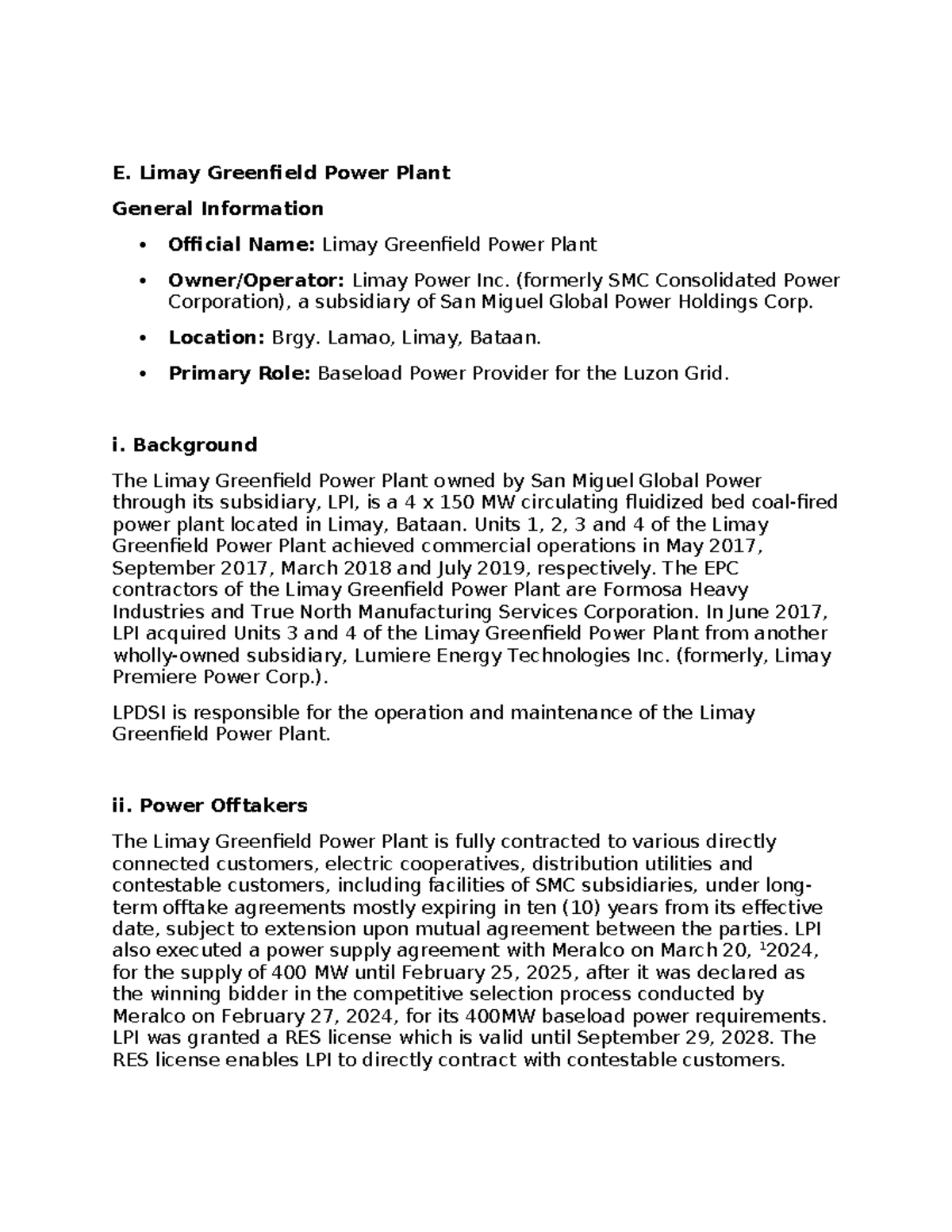 Limay Greenfield Power Plant Overview (PPE) - Studocu