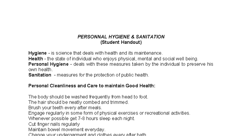Hygiene and Sanitation 2: Personal Health Maintenance Guide - Studocu