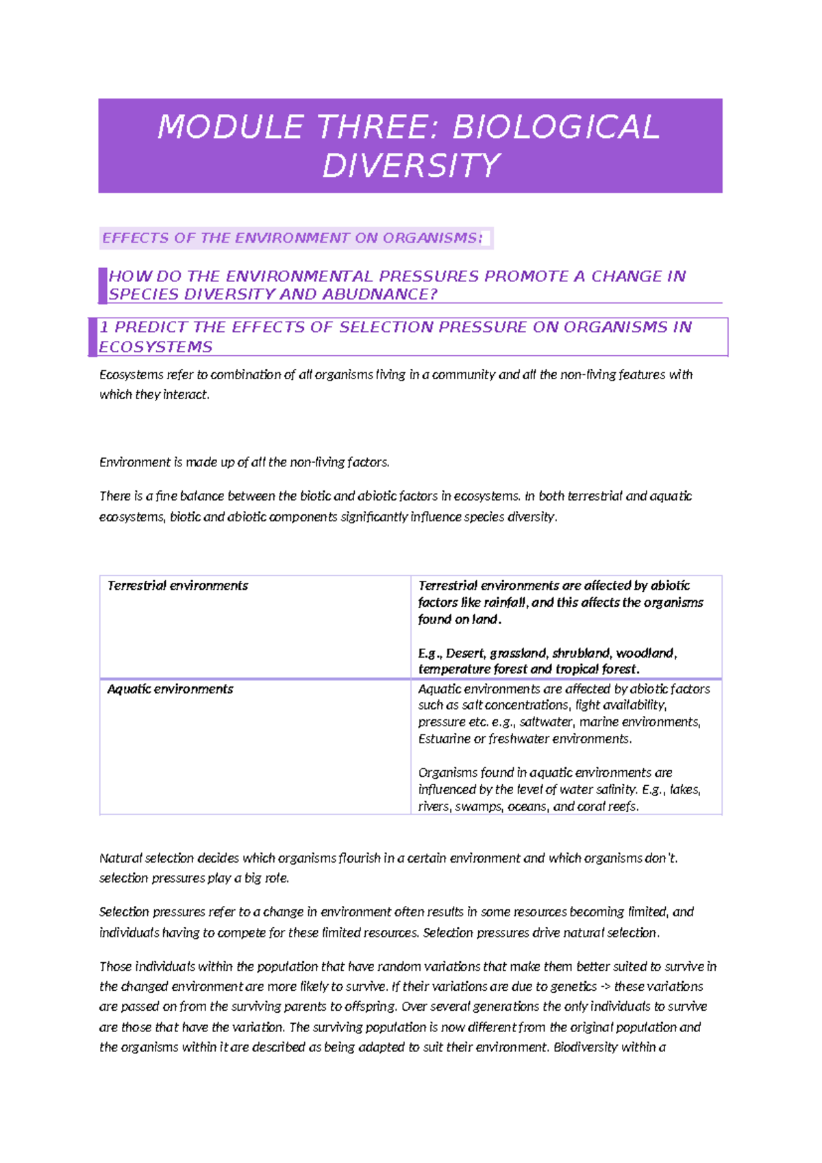Biological Diversity Notes - MODULE THREE: BIOLOGICAL DIVERSITY EFFECTS ...