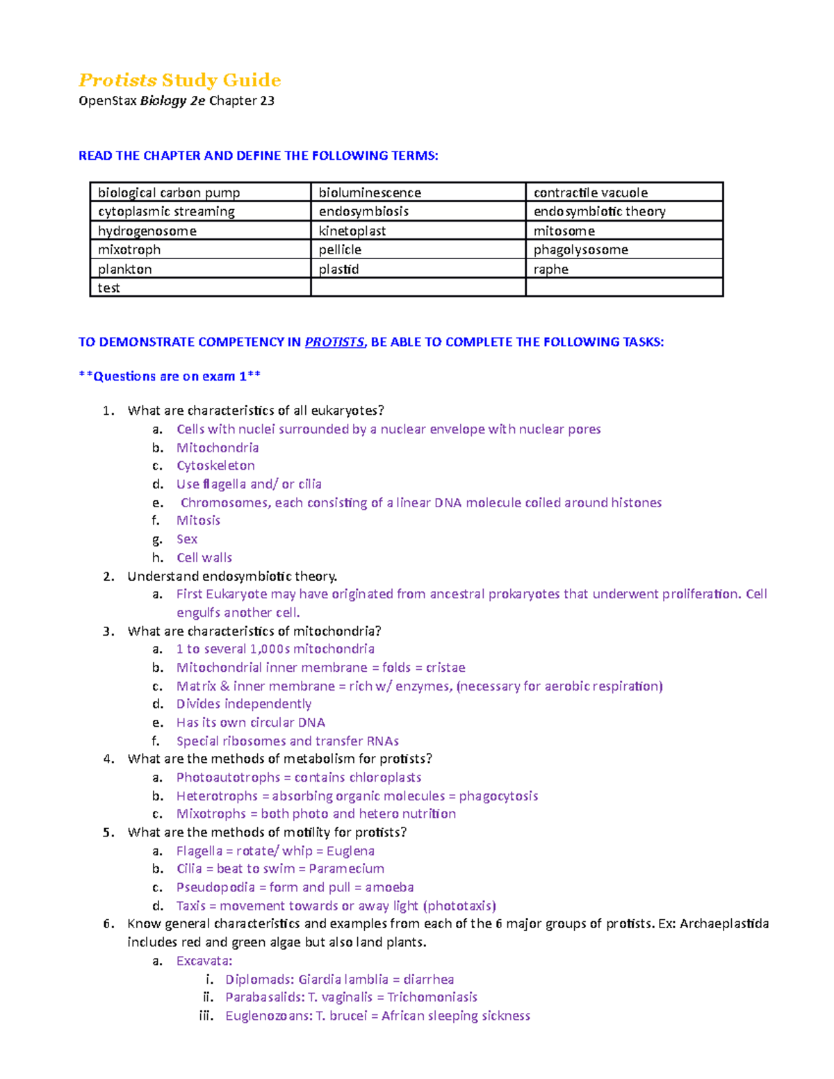 BIO 2 Ch 23 Protists Study Guide - Protists Study Guide OpenStax ...