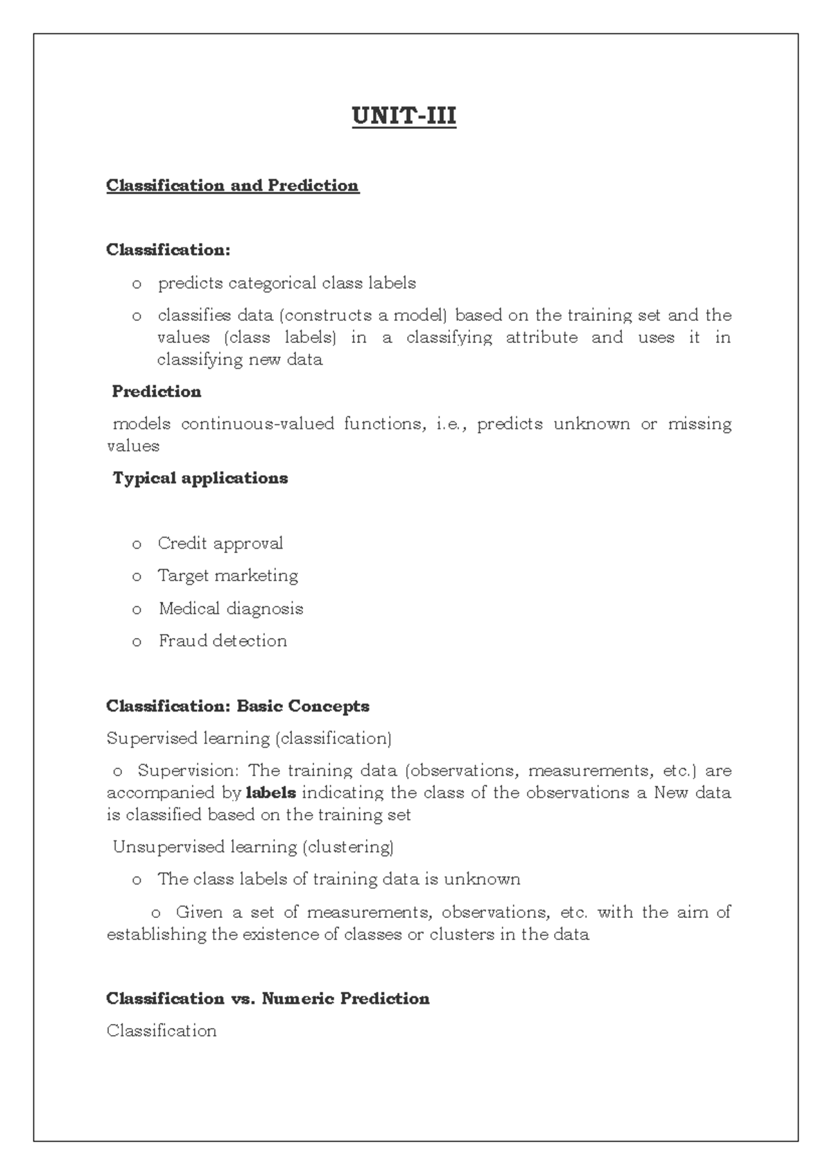 Unit 3 - Classification and Prediction: Core Concepts and Techniques ...
