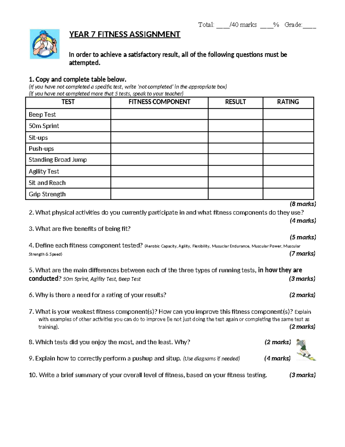 YEAR 7 Fitness Assignment: Comprehensive Test & Reflection Guide - Studocu