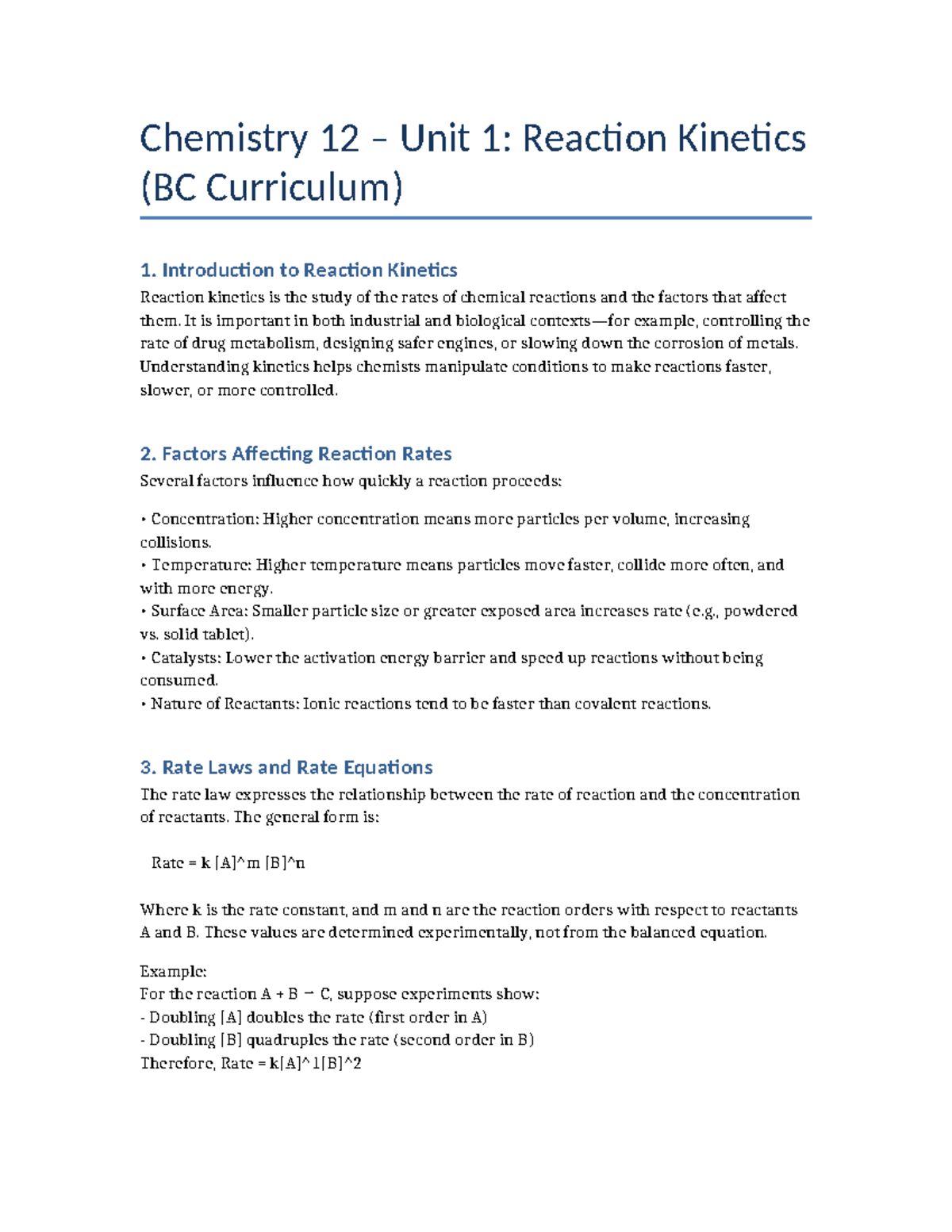 Chemistry 12 Unit 1: Comprehensive Guide to Reaction Kinetics - Studocu