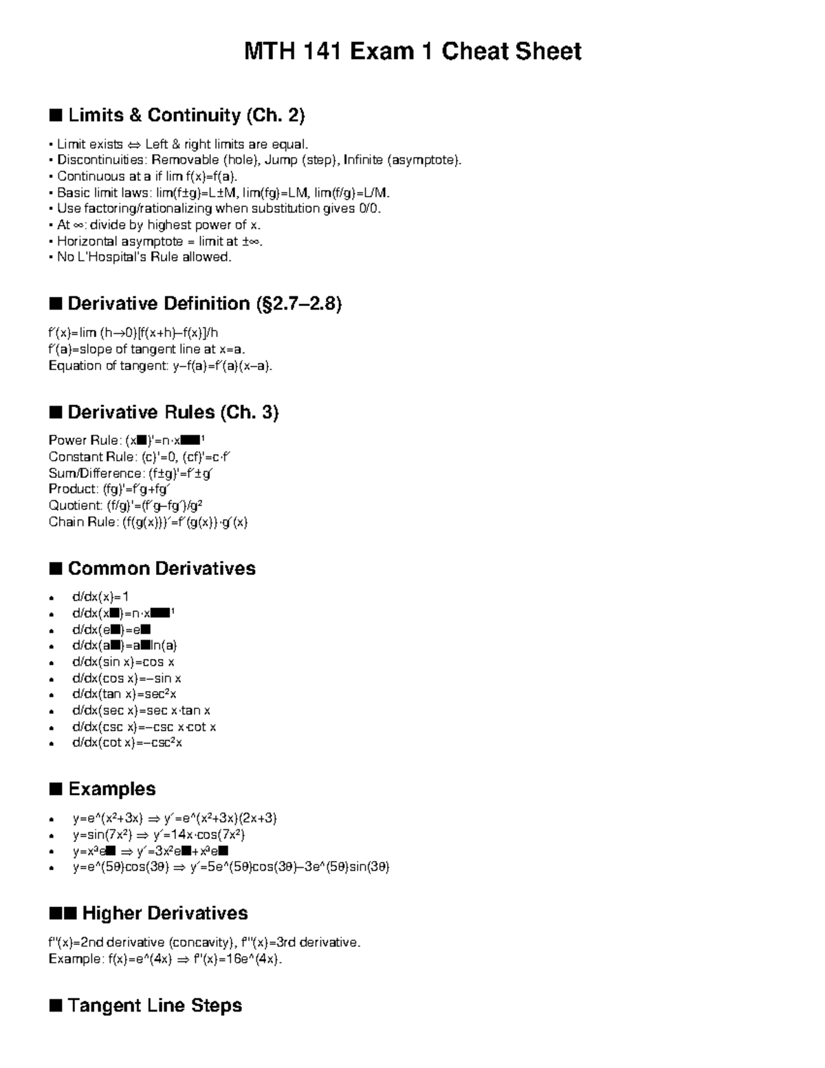 MTH 141 Exam 1 Cheat Sheet: Limits, Continuity & Derivative Rules - Studocu
