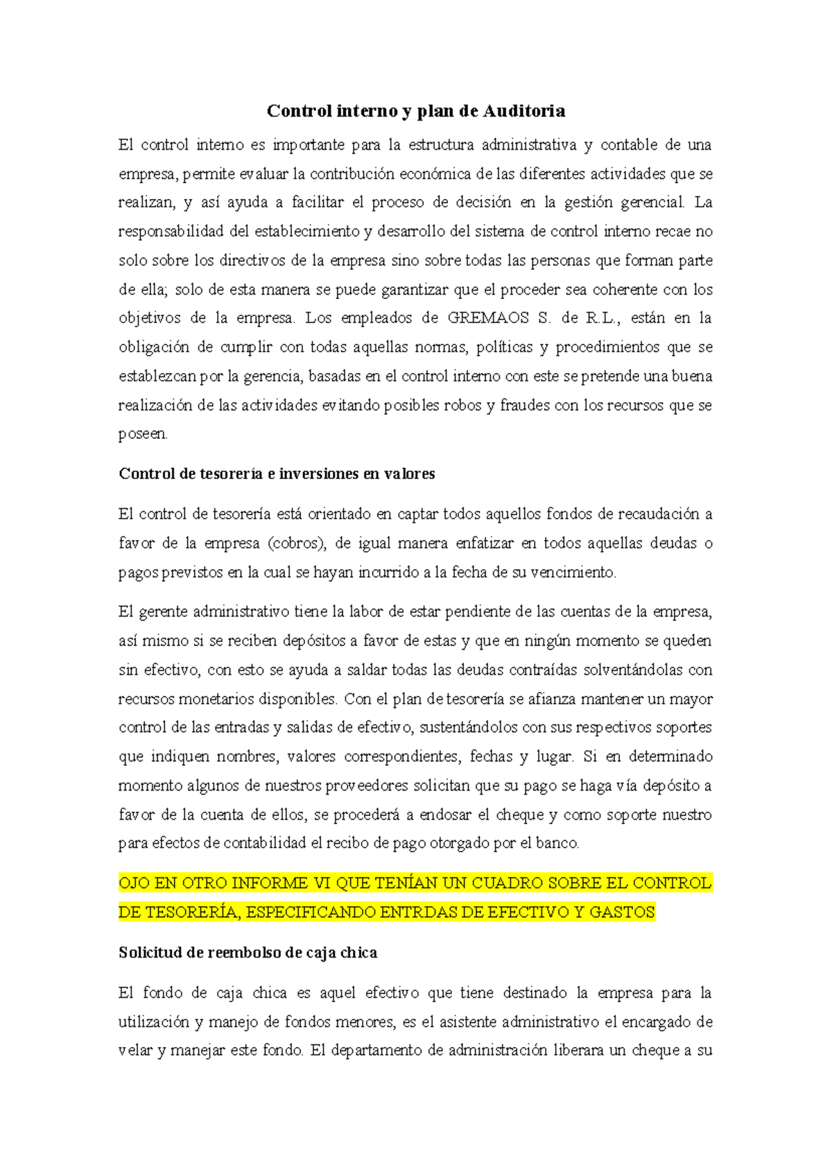 PLAN DE Auditoría General: Control Interno y Tesorería - Studocu