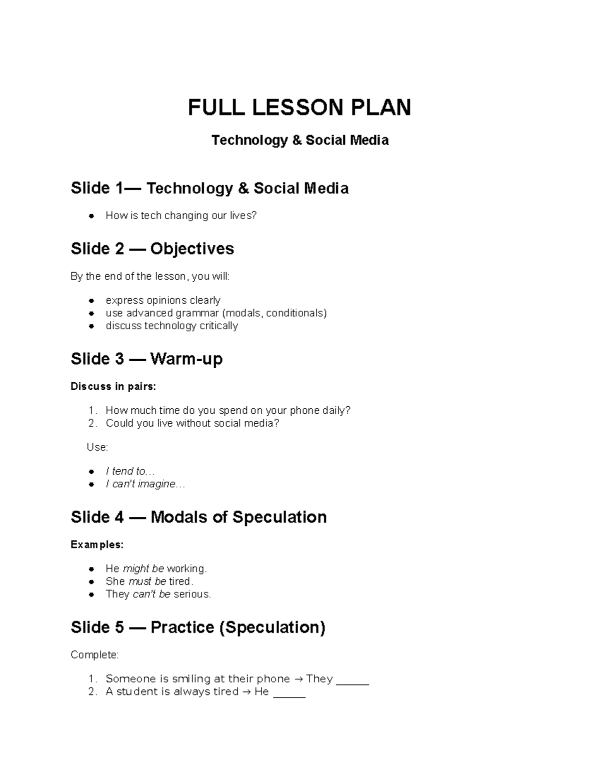 Technology and Social Media: A Comprehensive Lesson Plan - Studocu