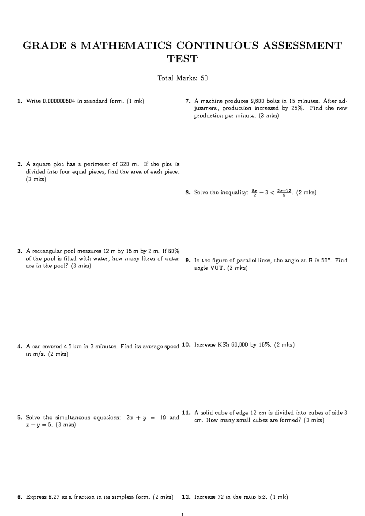 GRADE 8 MATHEMATICS CONTINUOUS ASSESSMENT TEST (Total Marks: 50) - Studocu