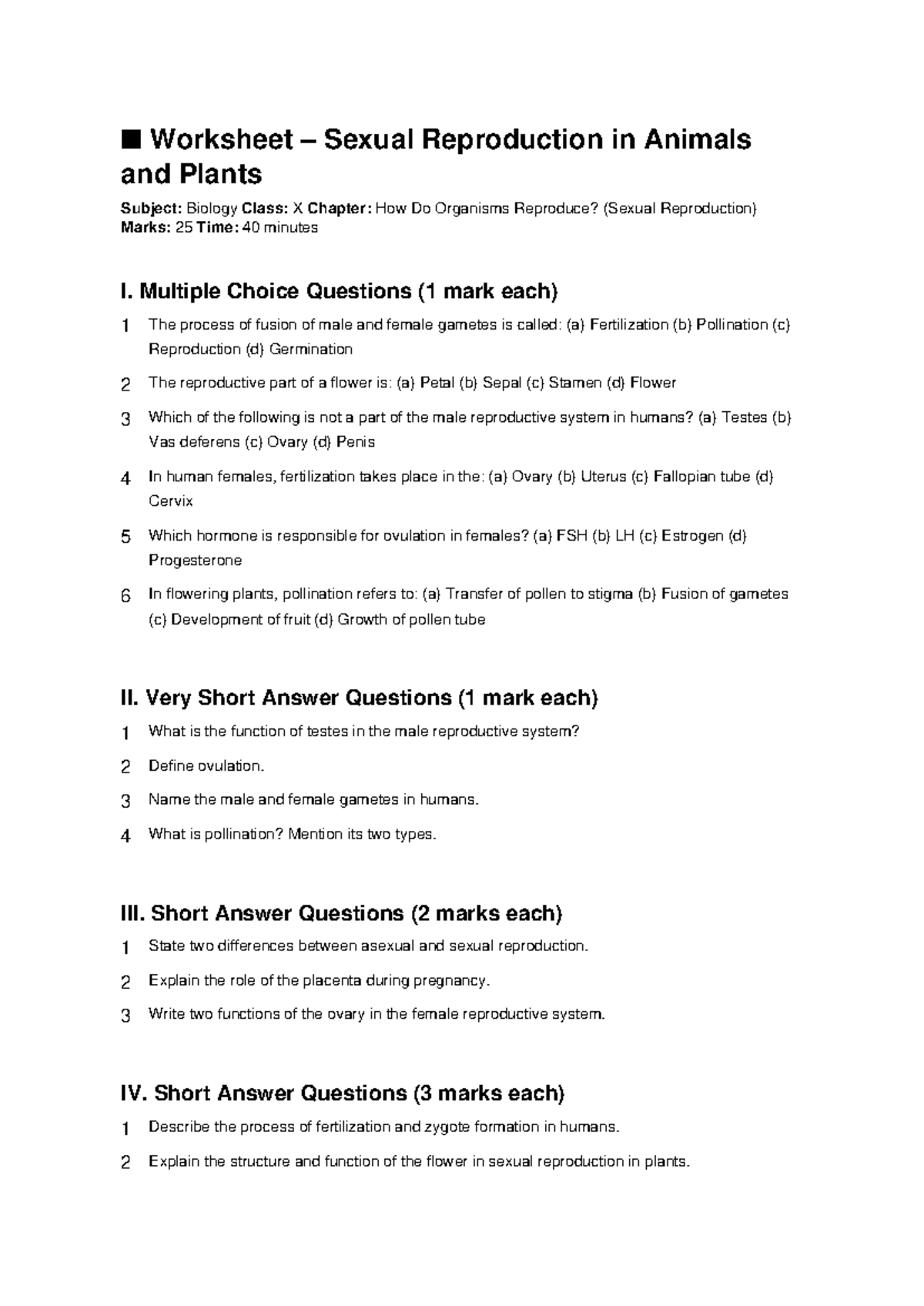 Class X Biology Worksheet: Sexual Reproduction in Animals & Plants ...