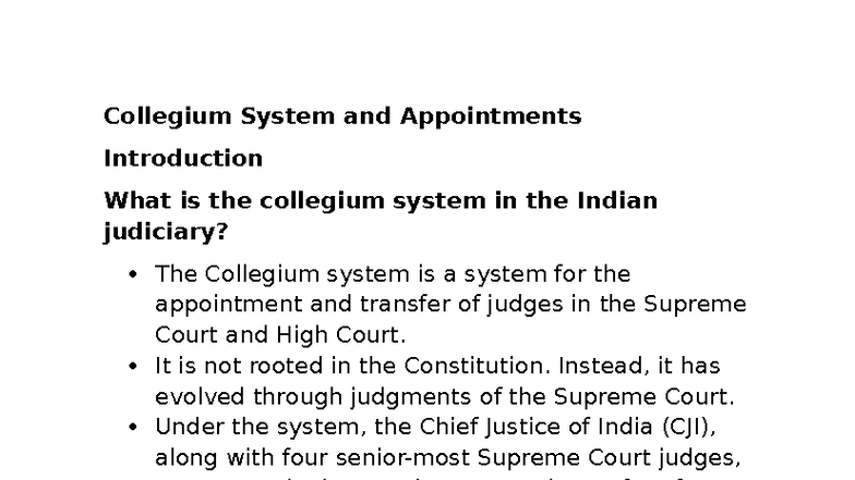 Collegium System & Judicial Appointments: An Overview - Studocu