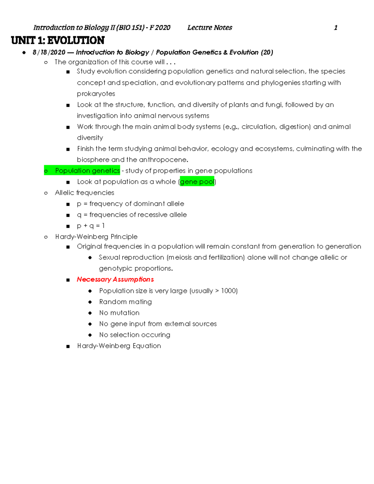 Composite Lecture Notes BIO151 F2020 - UNIT 1 : EVOLUTION 8/18/2020 ...
