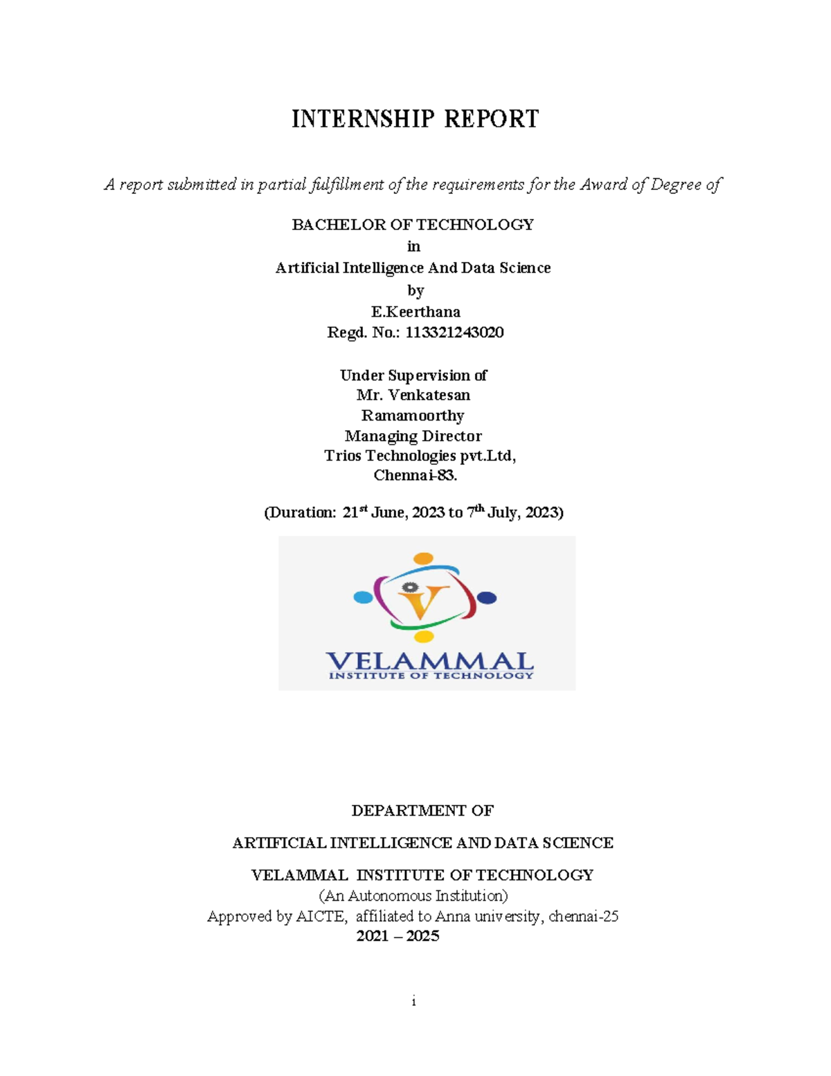 Internship Report on AI & Data Science - B.Tech (2021-2025) - Studocu