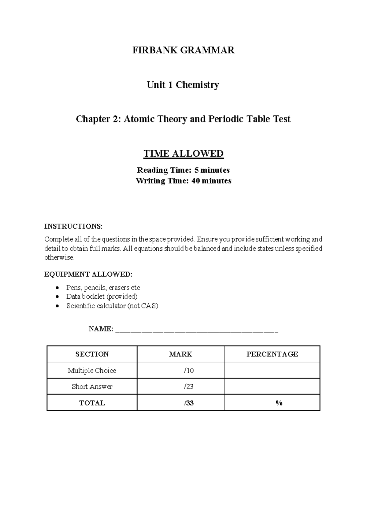 SAC 1 AOS 1 Chemistry Assessment 2024: Atomic Theory & Periodic Table ...