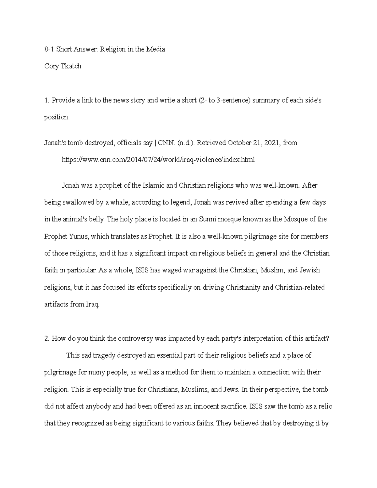 8-1 Religion in the Media - Short Answer: Religion in the Media Cory ...