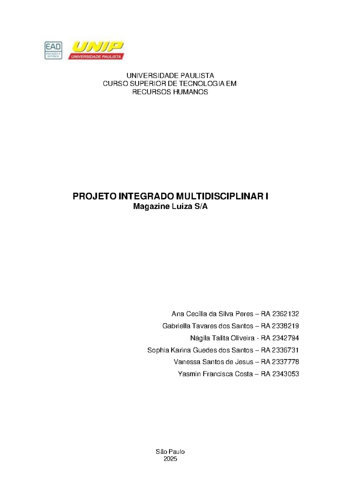 PIM I - Projeto Integrado Multidisciplinar: Magazine Luiza - UNIP - Studocu