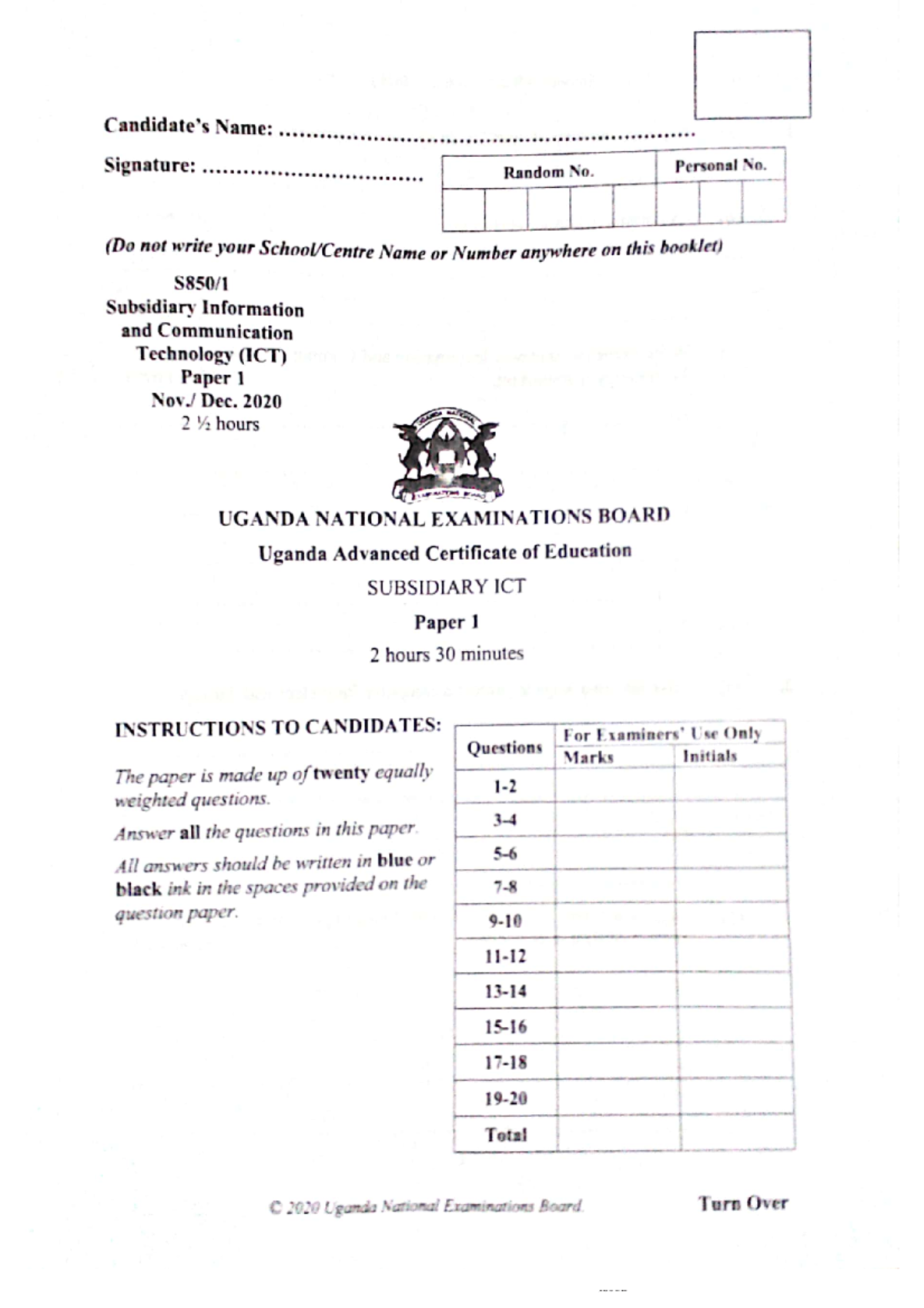 UNEB UACE S850 1 2020 - Past Paper on ICT Exam Questions - Studocu