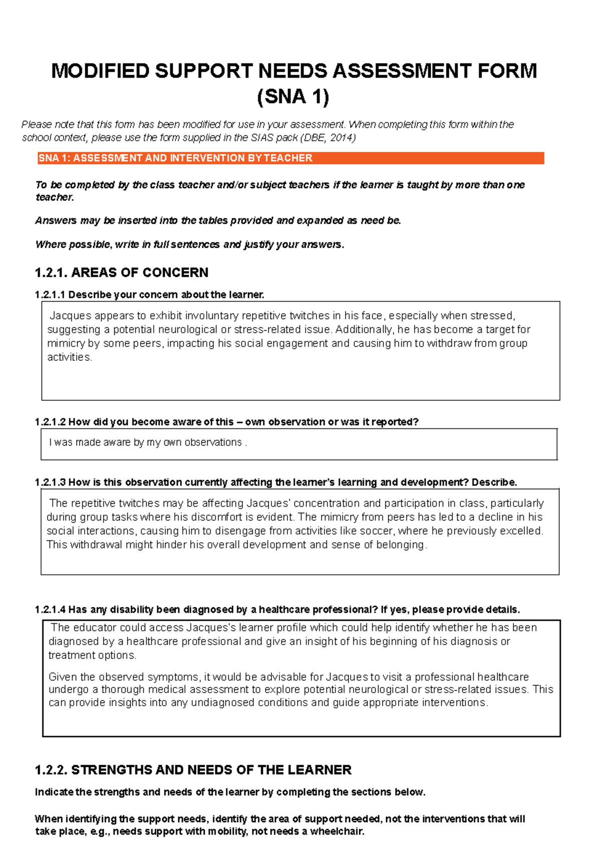 Modified Support Needs Assessment Form: INED7212 SNA1 & 2 - Studocu