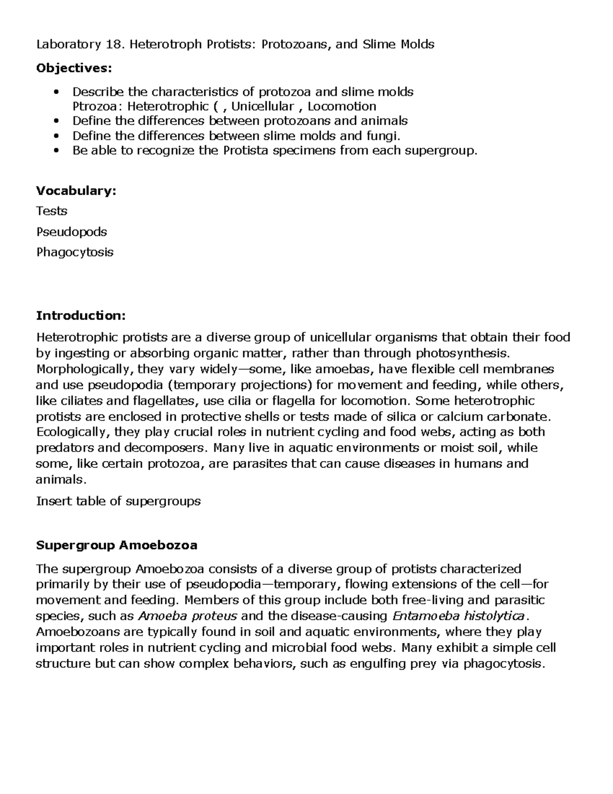 Laboratory 18: Heterotrophic Protists - Characteristics of Protozoans ...