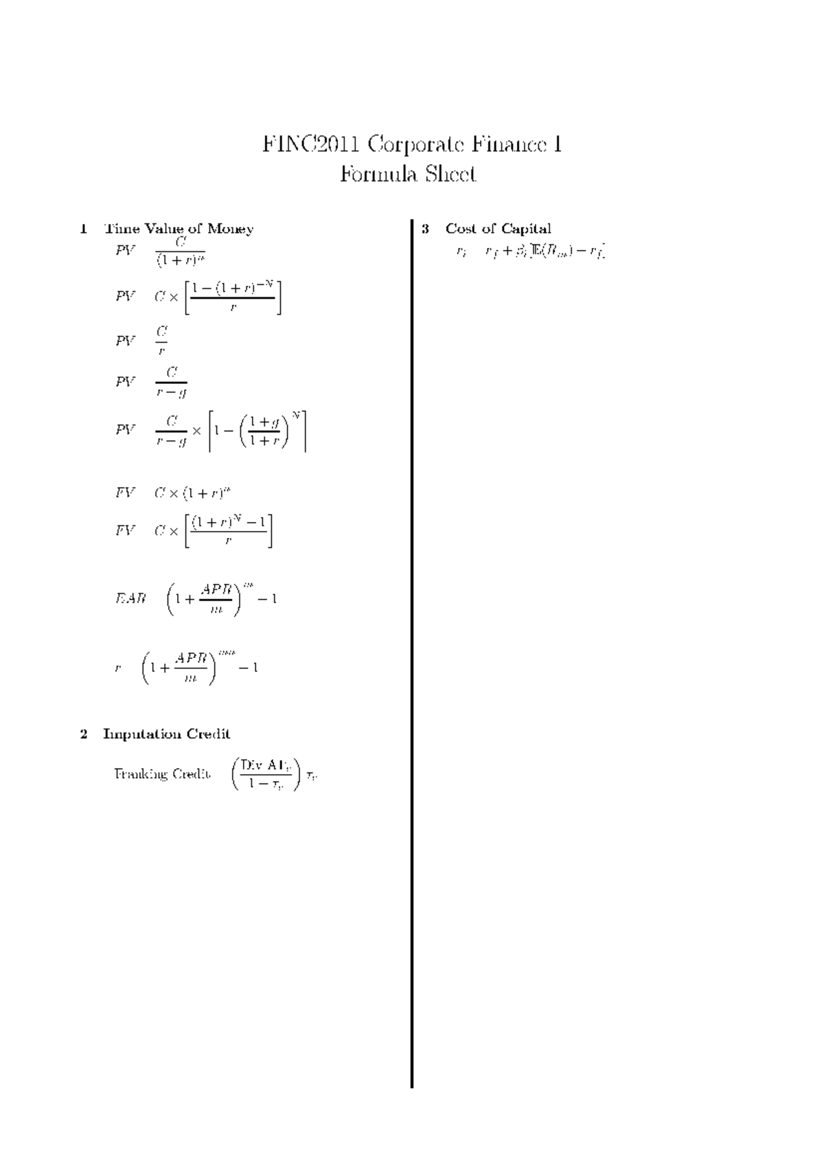 Formula Sheet (Updated Lecture 6) - FINC 2011 Corporate Finance I ...