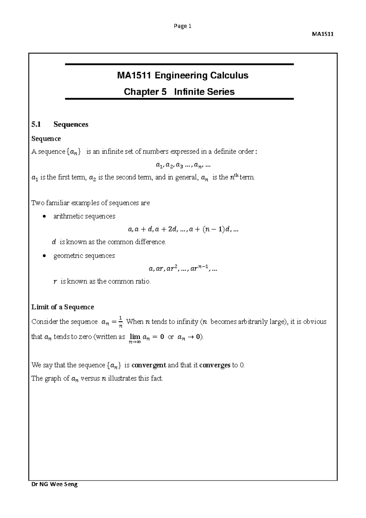 MA1511 2021S2 Chapter 5 Infinite Series - MA MA1511 Engineering Calculus Chapter 5 Infinite ...