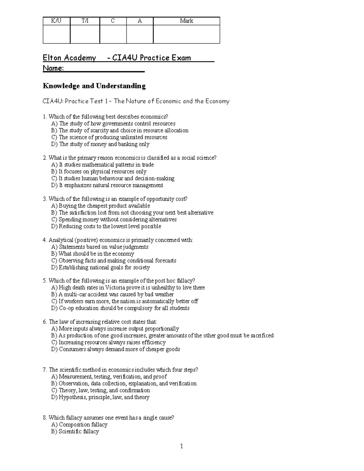CIA4U: Practice Exam - Economics Assignment Overview and Questions - Studocu