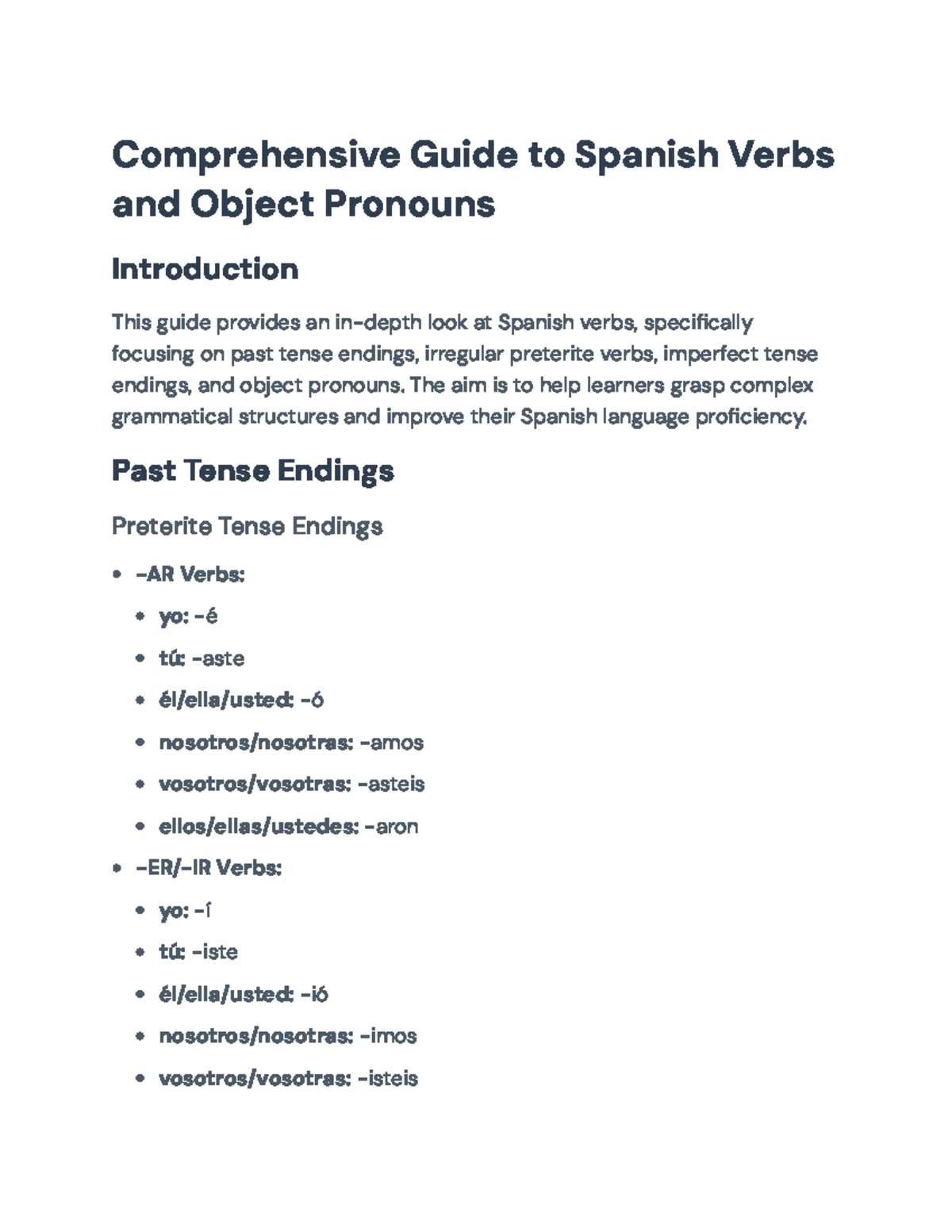 Comprehensive Guide to Spanish Verbs and Object Pronouns (Span 101 ...