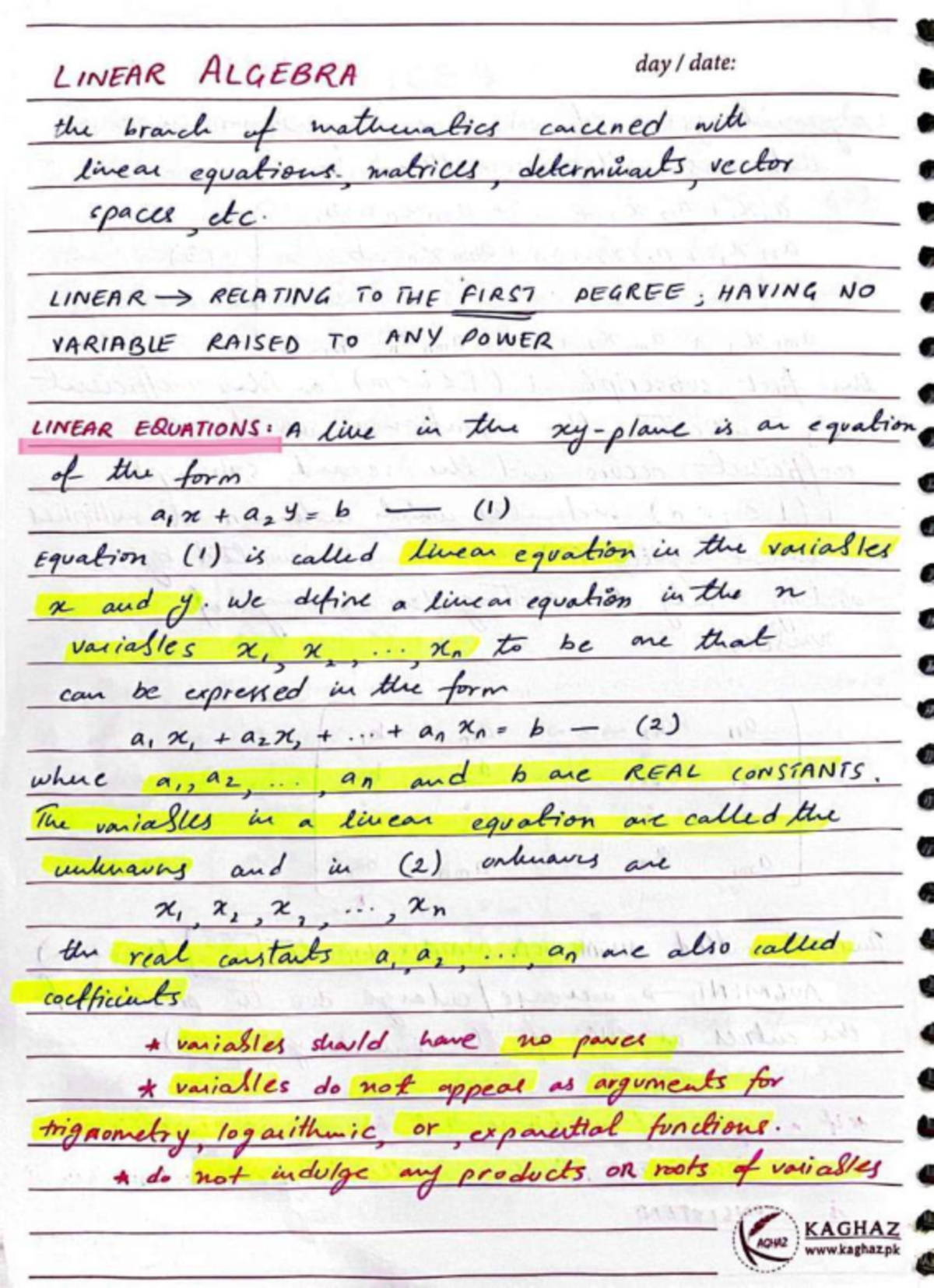 LA - Linear Algebra Notes: Concepts, Equations, and Matrices - Studocu