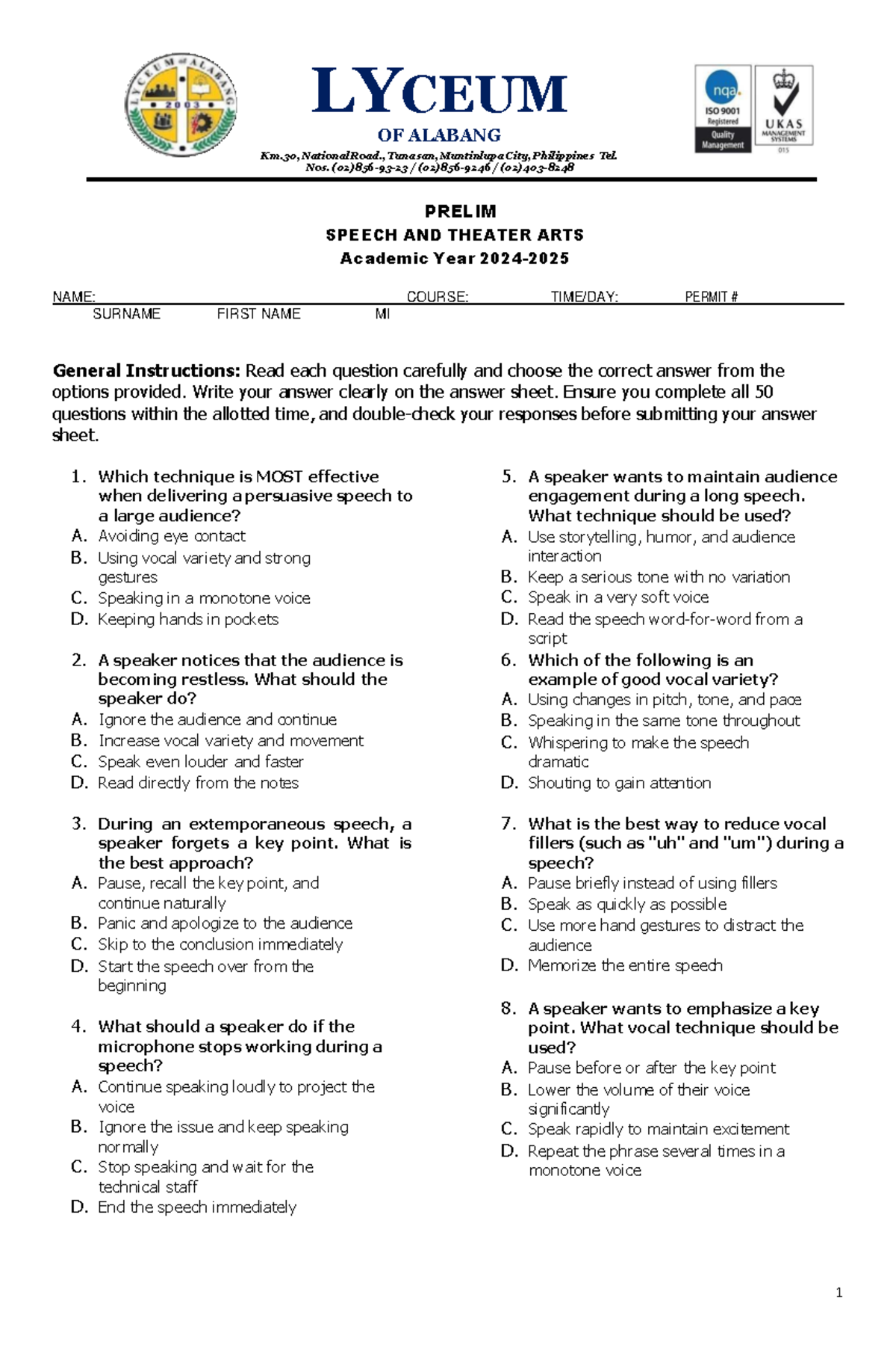 Speech and Theater Arts Prelim Exam Questions (Course Code: ST101 ...