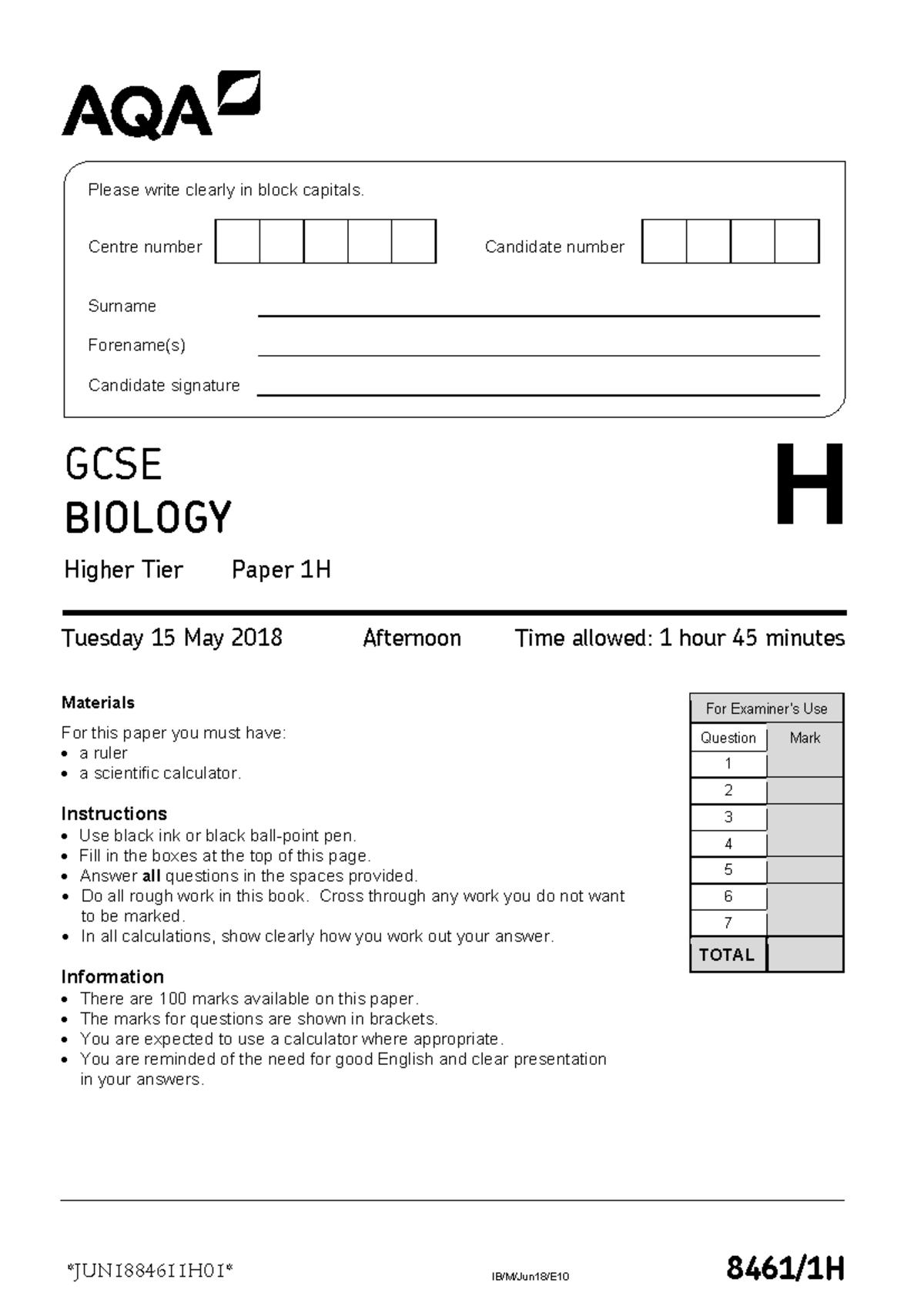 AQA GCSE Biology Higher Paper 1 June 2018 - JUN1884611H01 IB/M/Jun18 ...