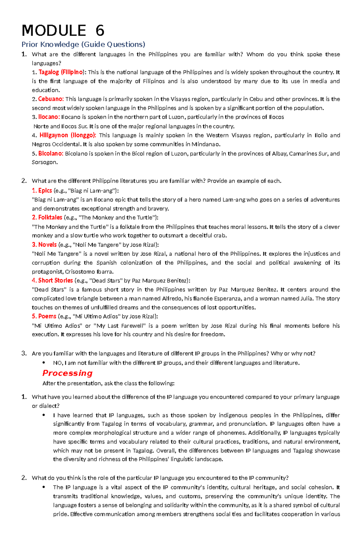 MODULE 6 Indigenous Languages and Literatures in the Philippines - Studocu
