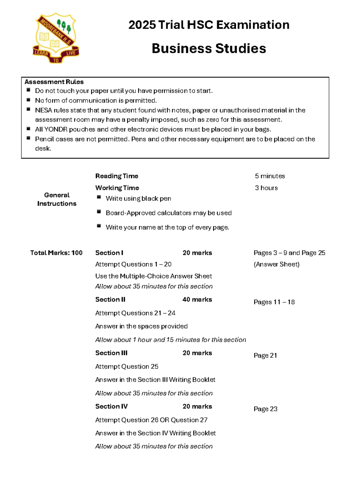 2025 HSC Business Studies Trial Exam Instructions and Assessment Rules ...