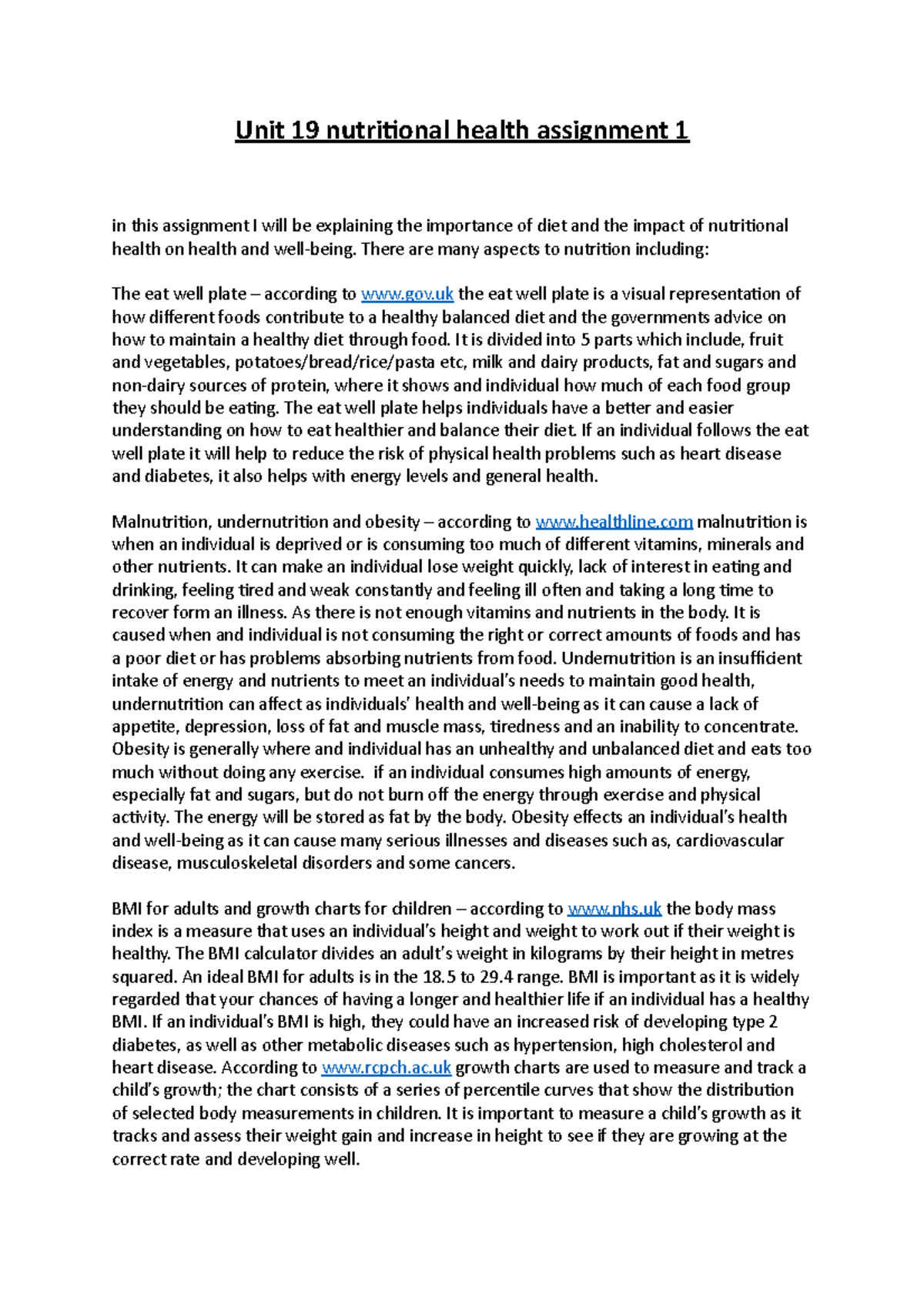Unit 19 Task 1: Nutrition and Health Impacts on Well-being - Studocu