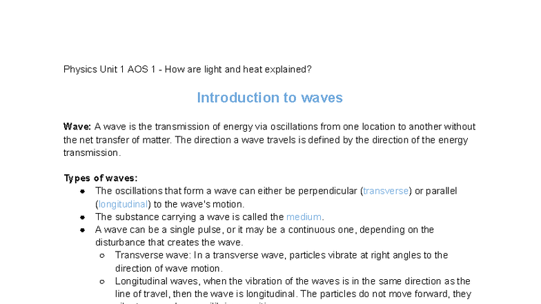 Physics Unit 1 AOS 1: Understanding Waves, Light, and Heat - Studocu